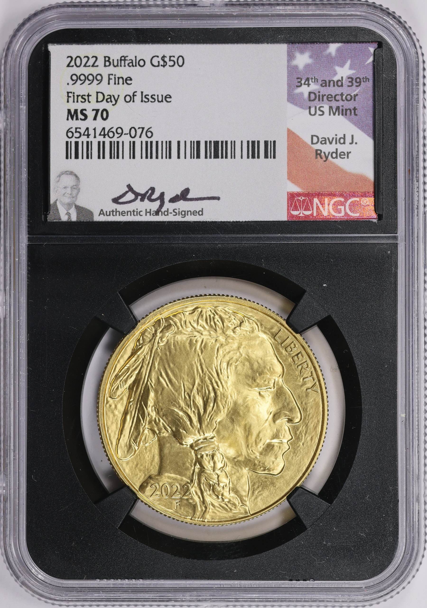 2022 $50 One-Ounce Gold American Buffalo First Day of Issue NGC MS-70 (David J. Ryder Signed ...