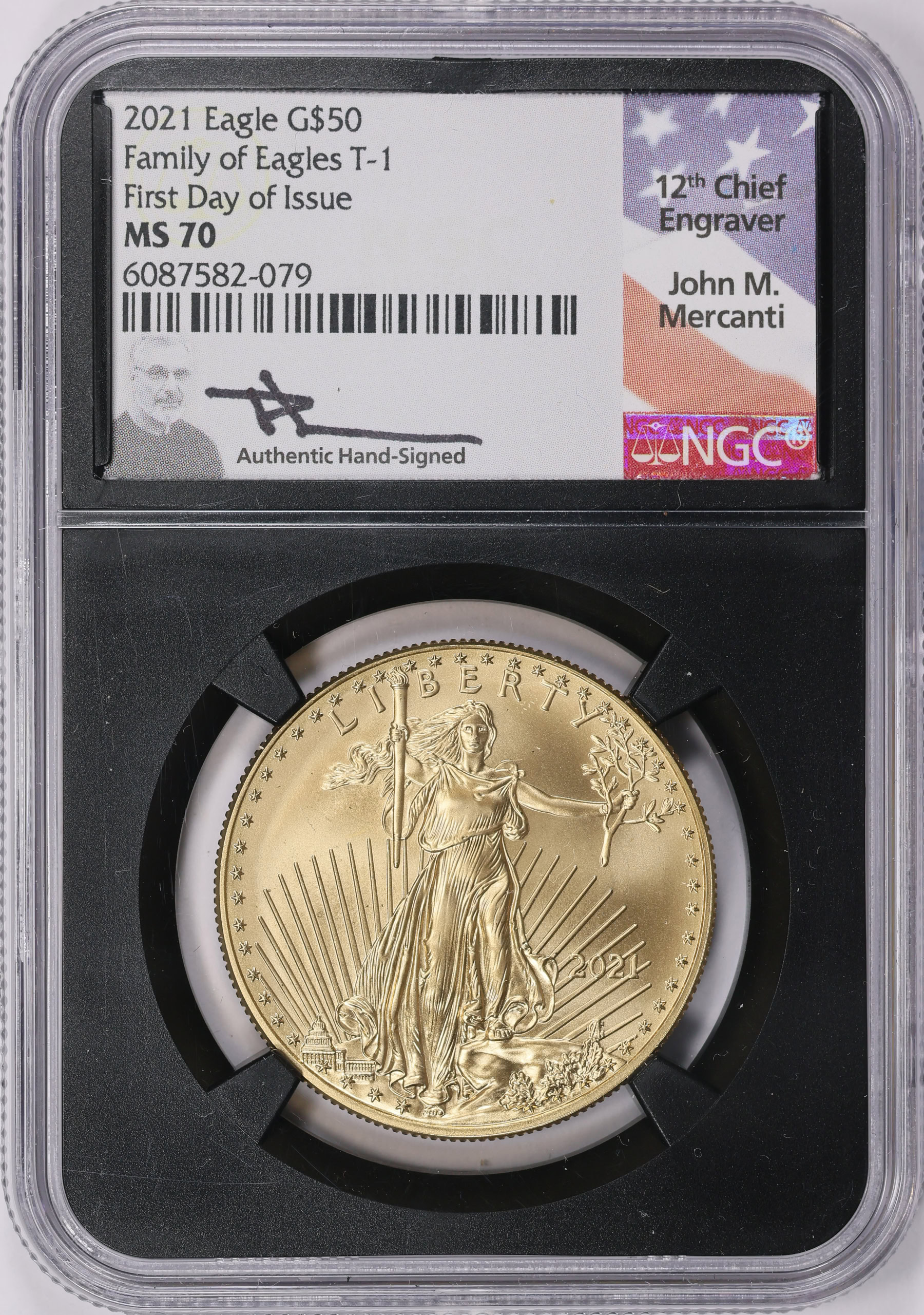 2021 $50 One-Ounce Gold American Eagle Type 1 First Day of Issue NGC MS-70 (Mercanti Signed ...