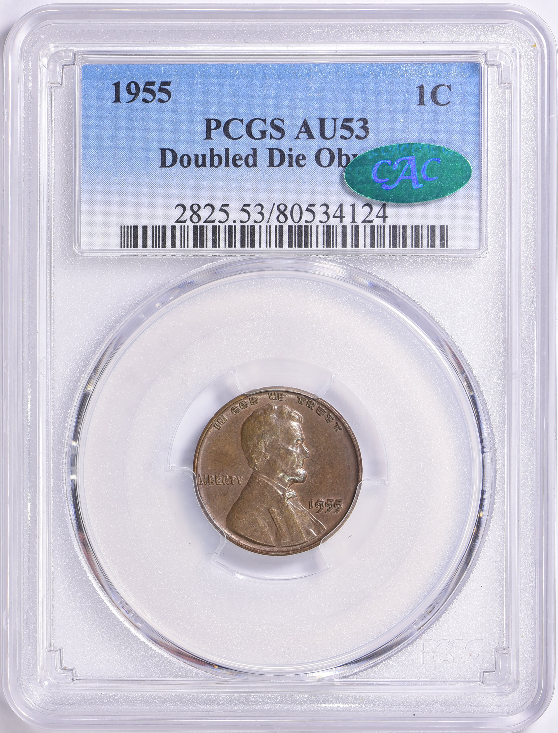 1955 Lincoln Cent Doubled Die Obverse PCGS AU-53 BN (CAC Green) (Item ...