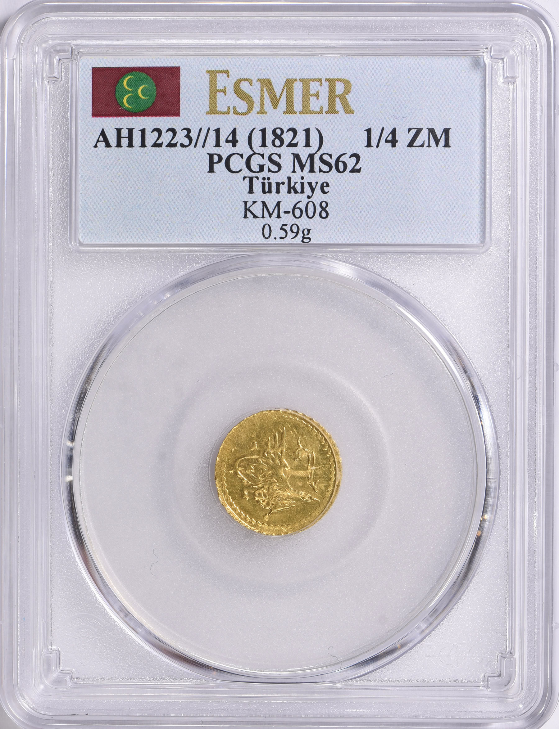 Turkey AH 1223 Year 14 (1821) Gold 1/4 Zeri Mahbub KM-608 PCGS MS-62 (0 ...