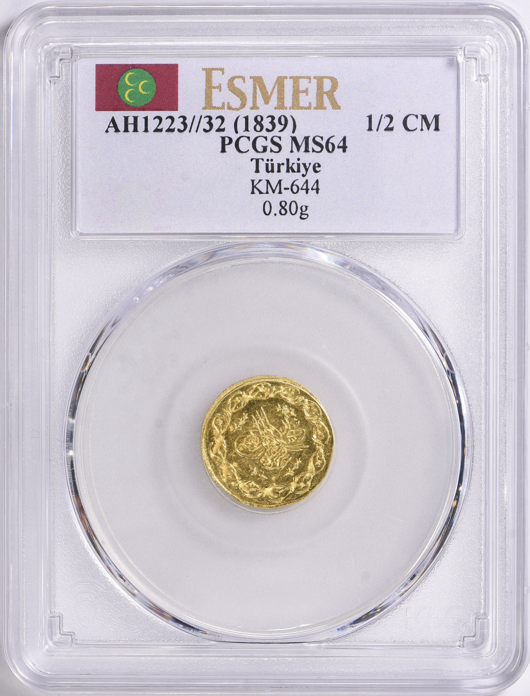 Turkey AH 1223 Year 32 (1839) Gold 1/2 Cedid Mahmudiye KM-644 PCGS MS ...
