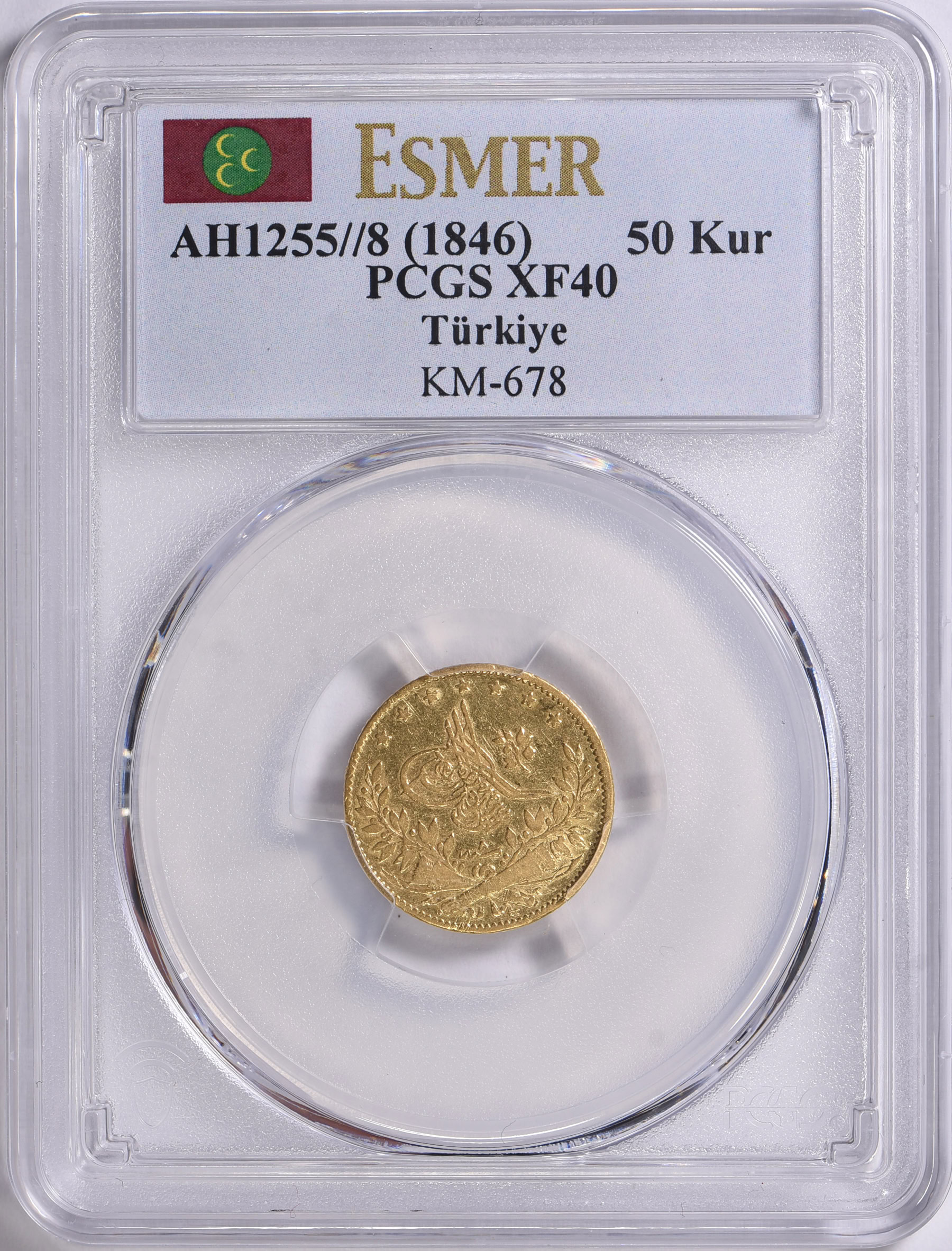 Turkey AH 1255 Year 8 (1846) Gold 50 Kurush KM-678 PCGS XF-40 (AGW = 0. ...