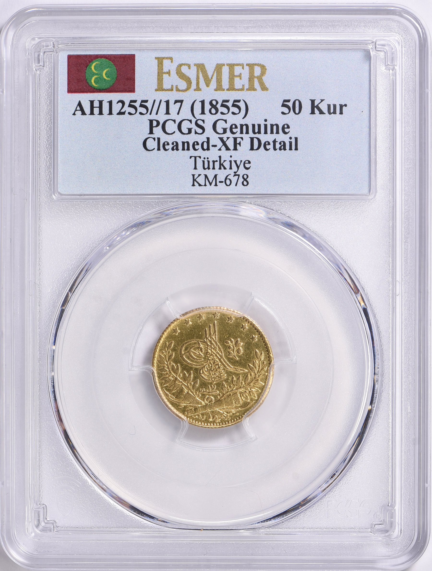 Turkey AH 1255 Year 17 (1855) Gold 50 Kurush KM-678 PCGS Genuine XF Details (AGW = 0.1064 oz ...
