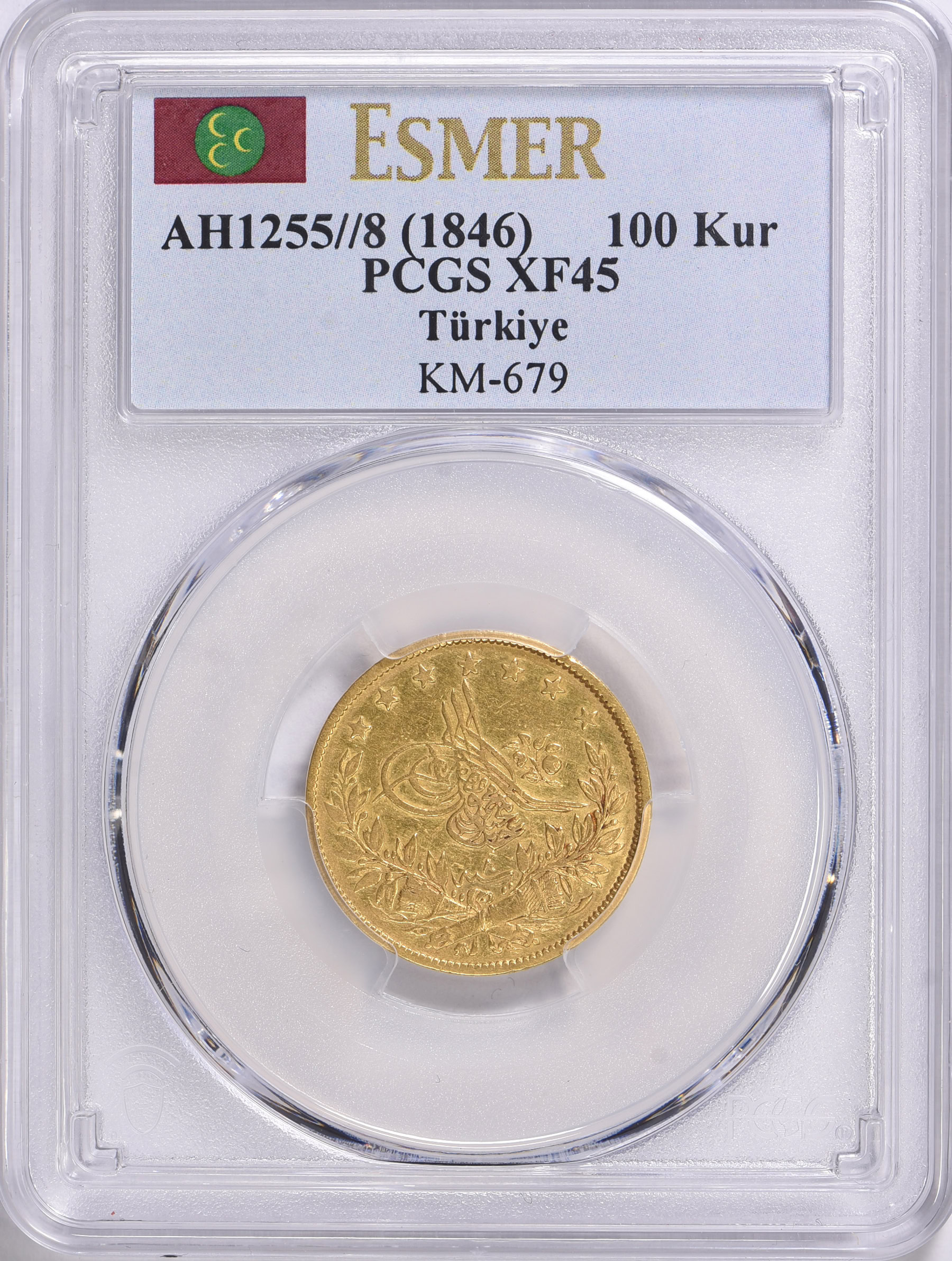 Turkey AH 1255 Year 8 (1846) Gold 100 Kurush KM-679 PCGS XF-45 (AGW = 0 ...
