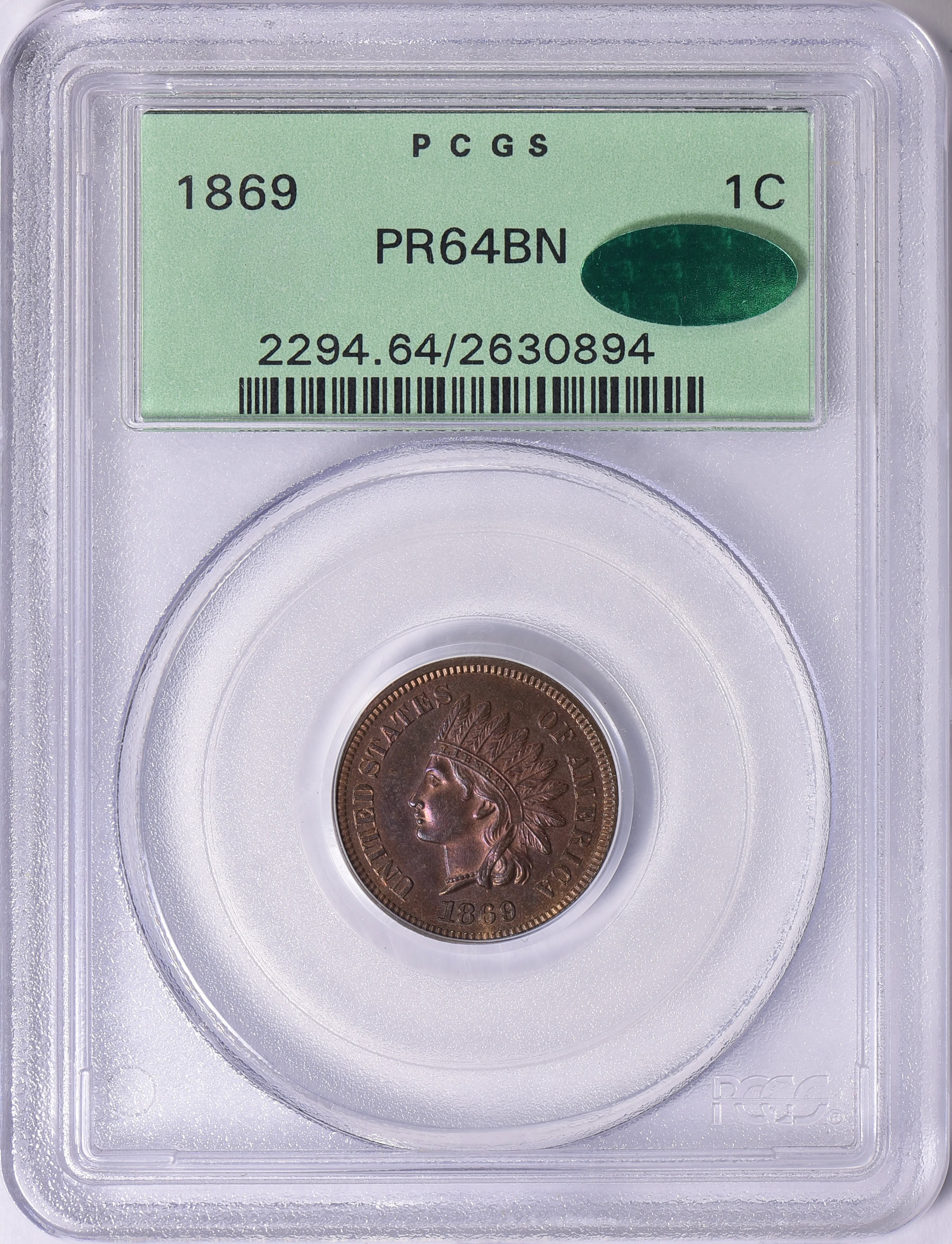 1869 Indian Cent PCGS Proof-64 BN (CAC Green) OGH (Toned) (Item 1682035) | GreatCollections Coin ...