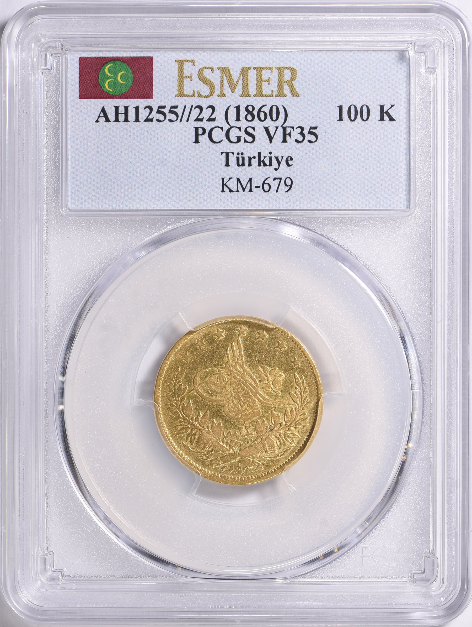 Turkey AH 1255 Year 22 (1860) Gold 100 Kurush KM-679 PCGS VF-35 (AGW ...