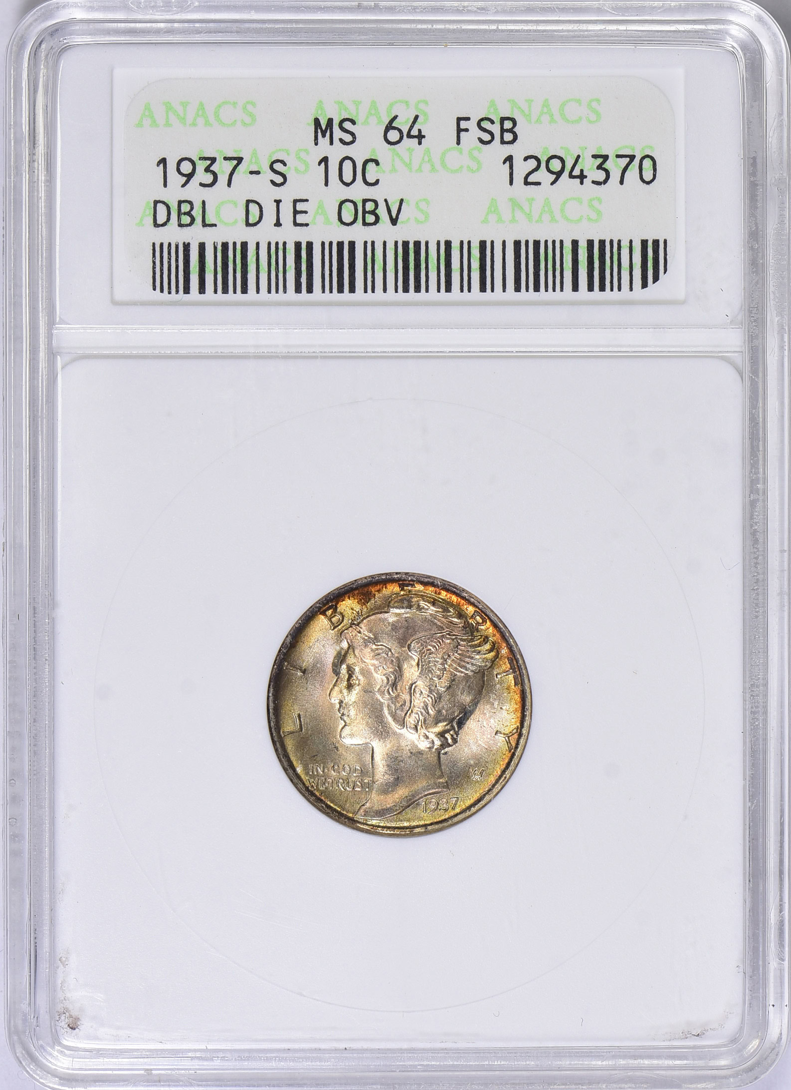 1937-S Mercury Dime DDO ANACS MS-64 FB OH (Toned) (Item 1682066) | GreatCollections Coin Auctions