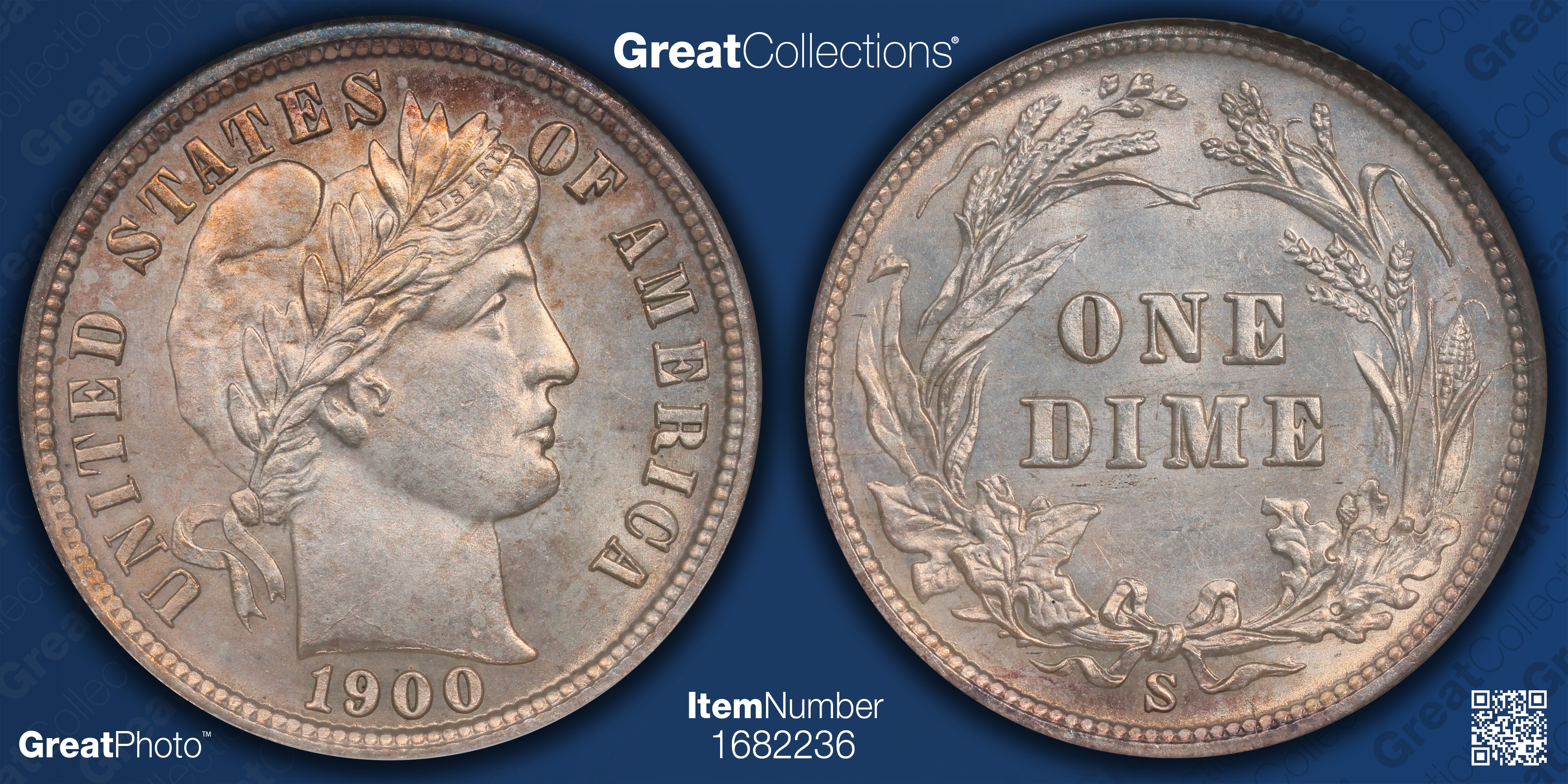 1900-S Barber Dime NGC MS-64 (Item 1682236) | GreatCollections Coin ...