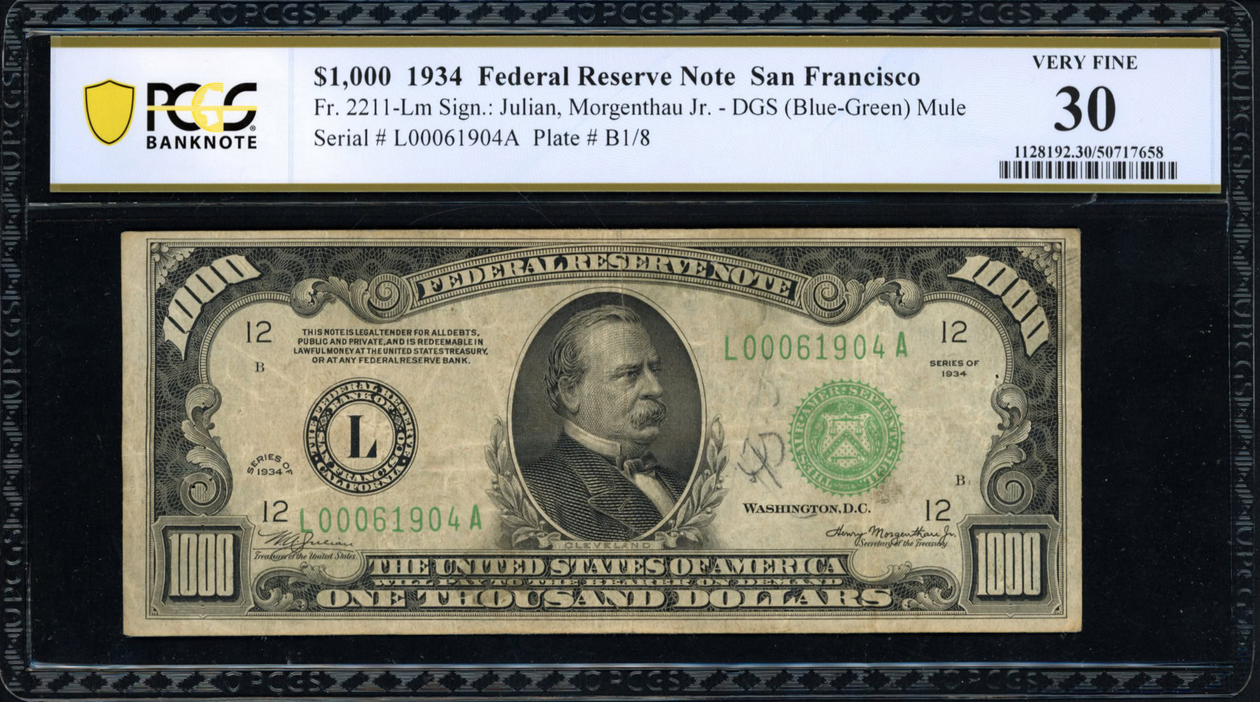 Fr. 2211-Ldgsm Dark Green (LA Block) 1934 $1,000 San Francisco Federal ...