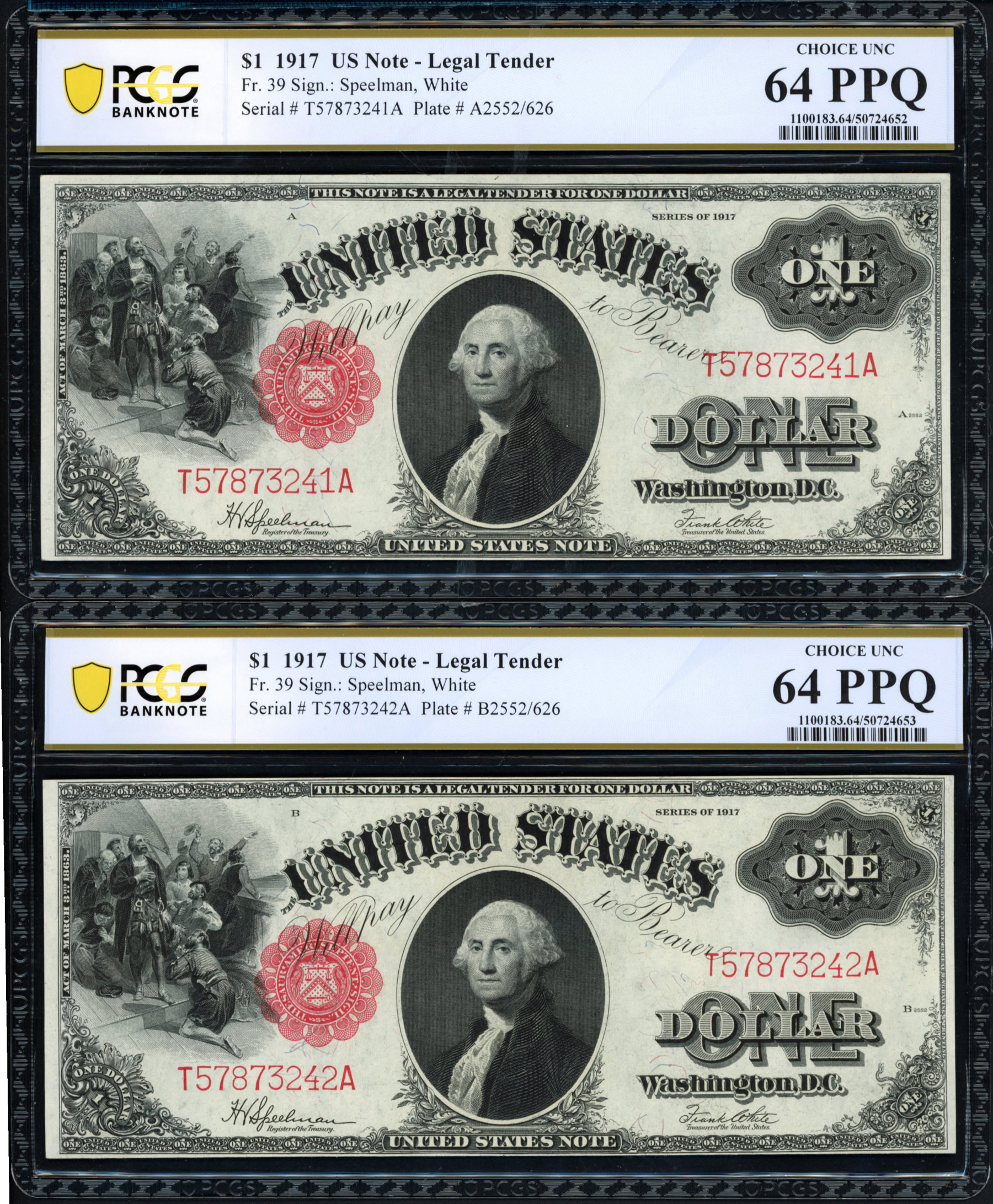 Fr. 39 1917 $1 Legal Tender Notes Sequential Serial Number Run Speelman ...