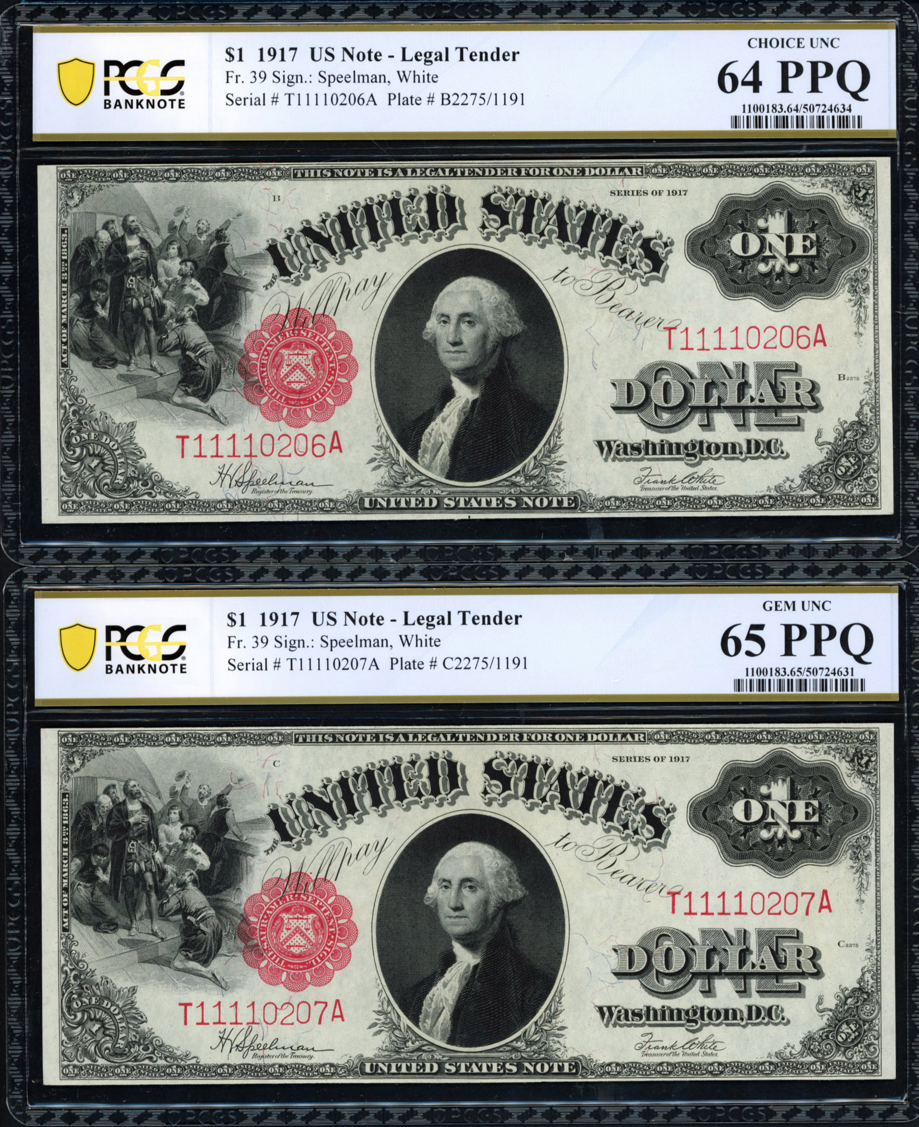 Fr. 39 1917 $1 Legal Tender Notes Sequential Serial Number Pair ...