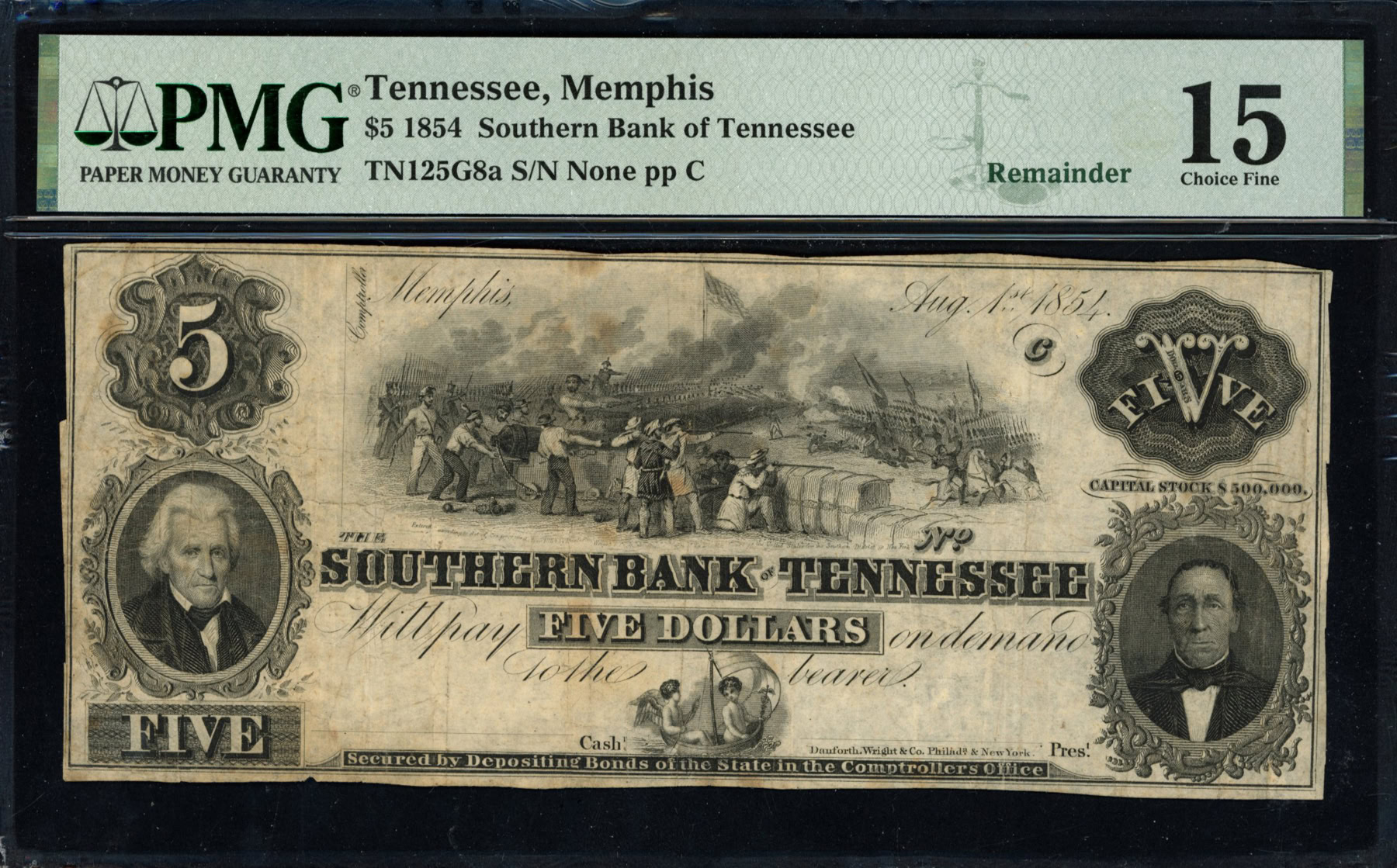 1854 Memphis, Tennessee Southern Bank of Tennessee $5 Remainder Note ...