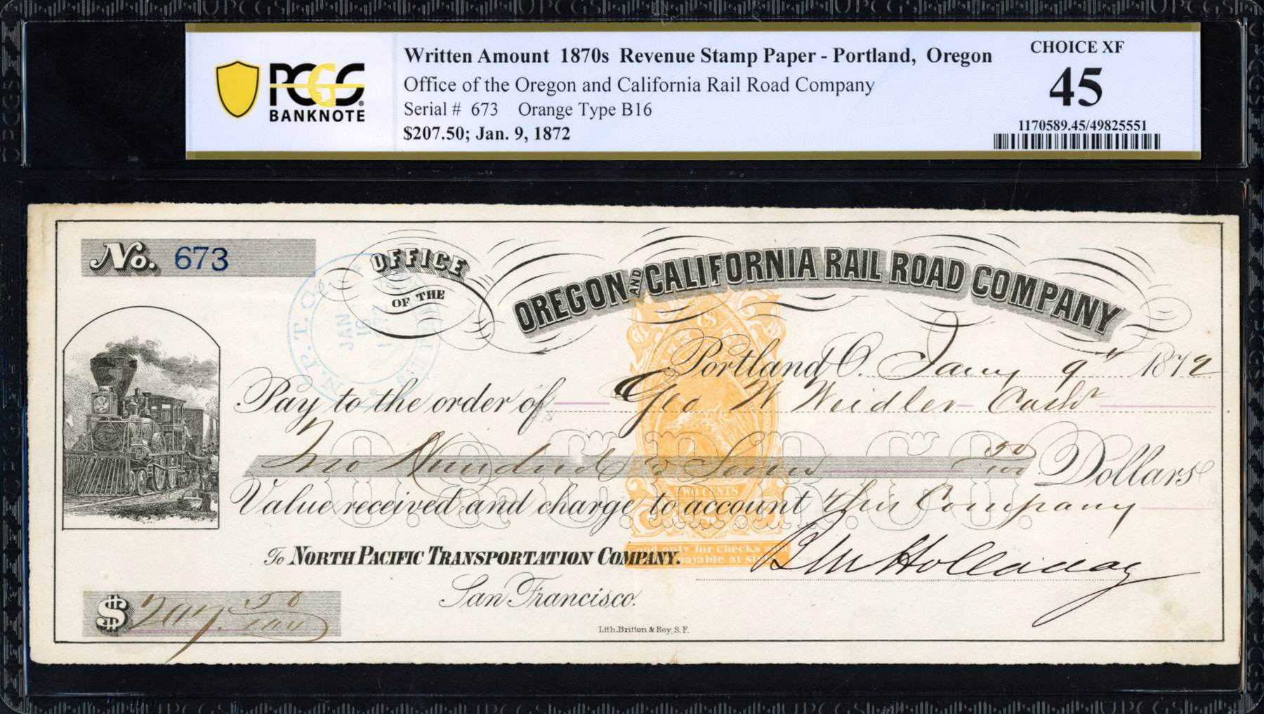 Jan. 9, 1872 Portland, Oregon Office of the Oregon and California Rail ...