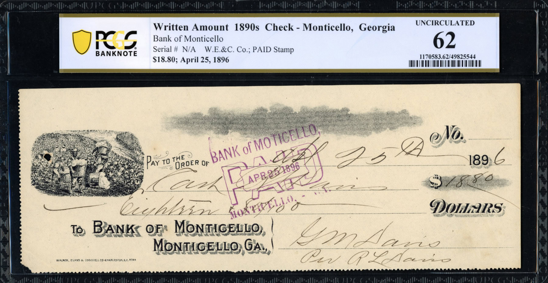 Apr. 25, 1896 Monticello, Georgia Bank of Monticello $18.80 Check PCGS ...