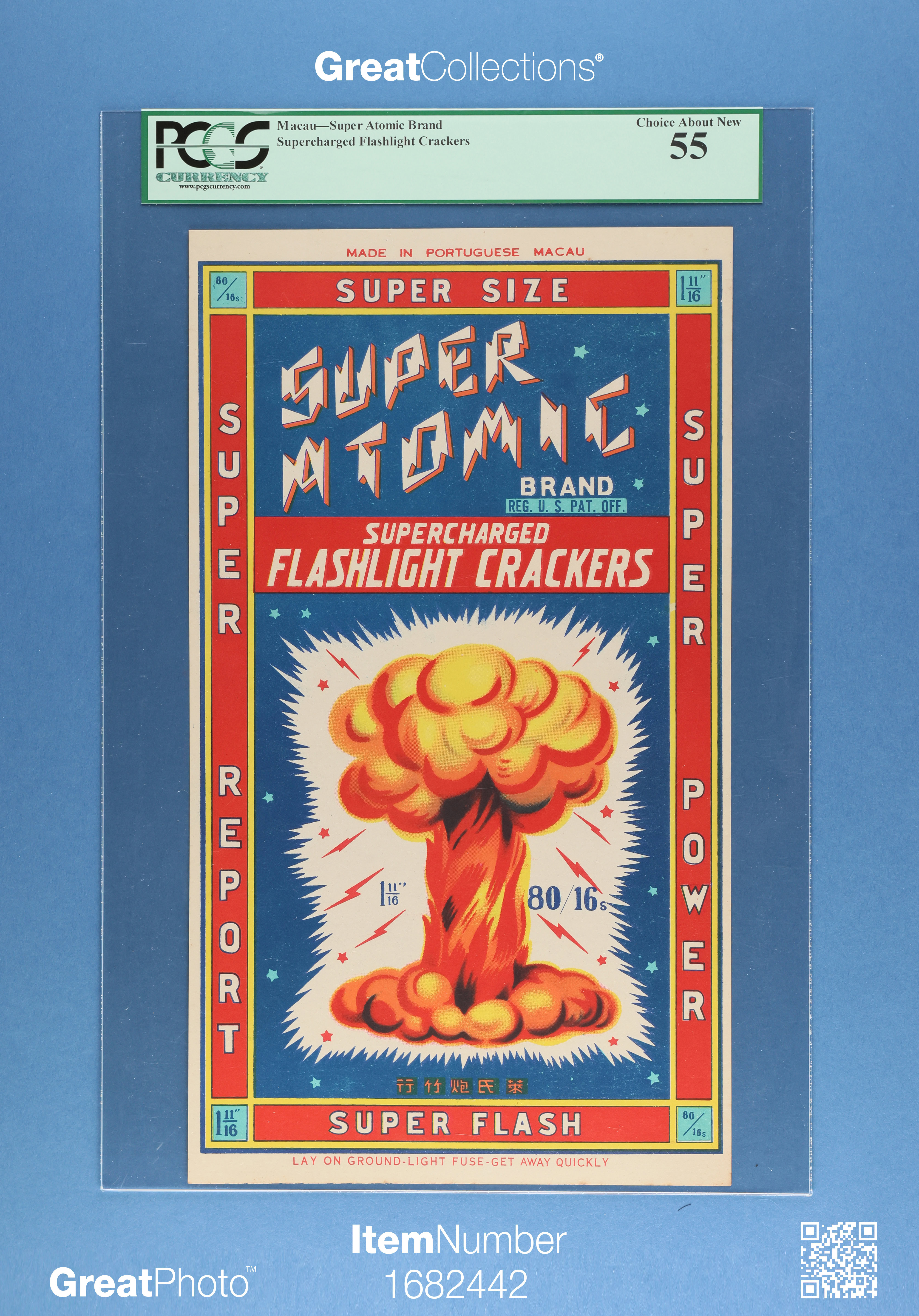 Macau ND Super Atomic Brand Supercharged Flashlight Crackers Label PCGS ...