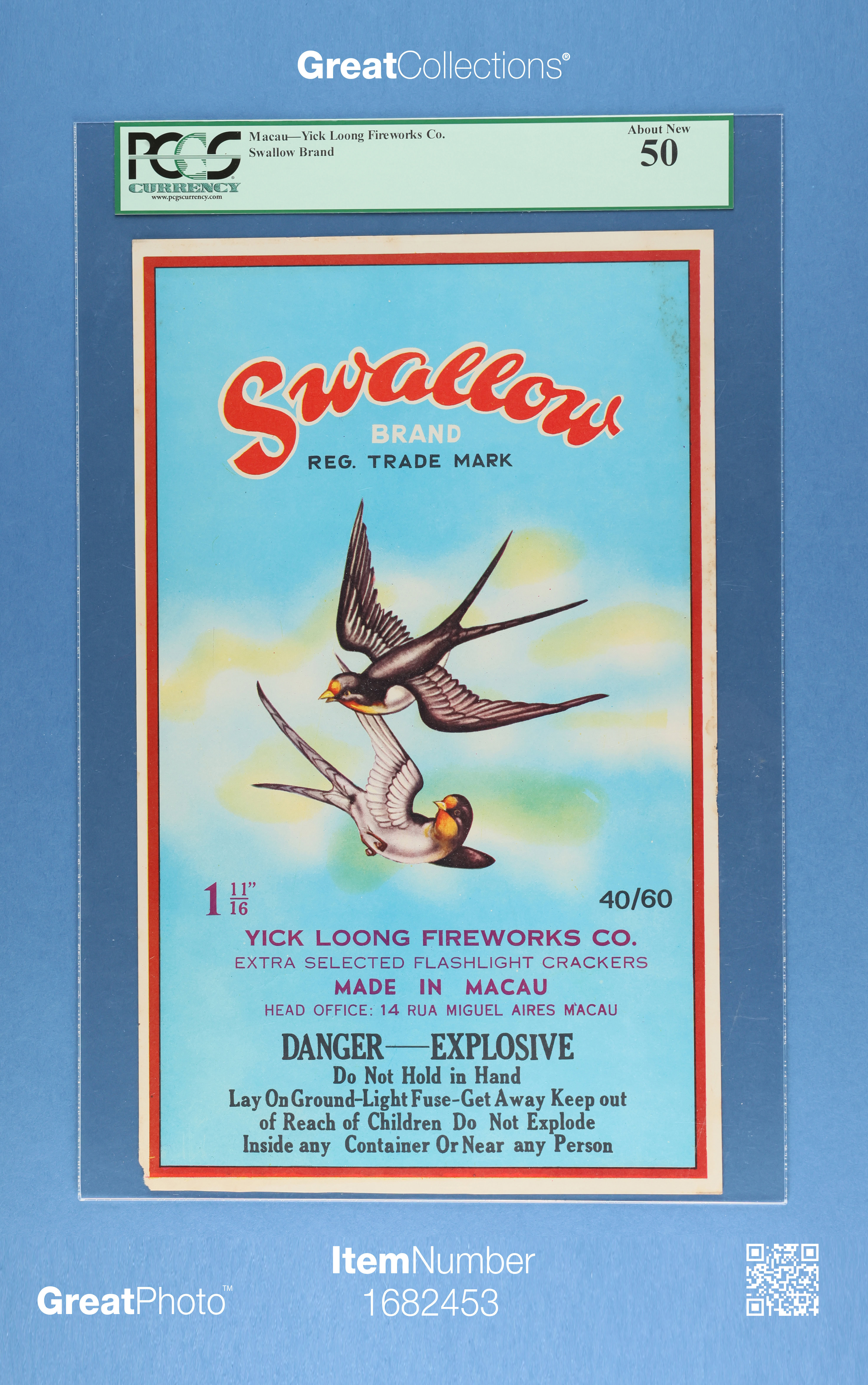 Macau ND Tick Loong Fireworks Co. Swallow Brand Label PCGS Currency ...