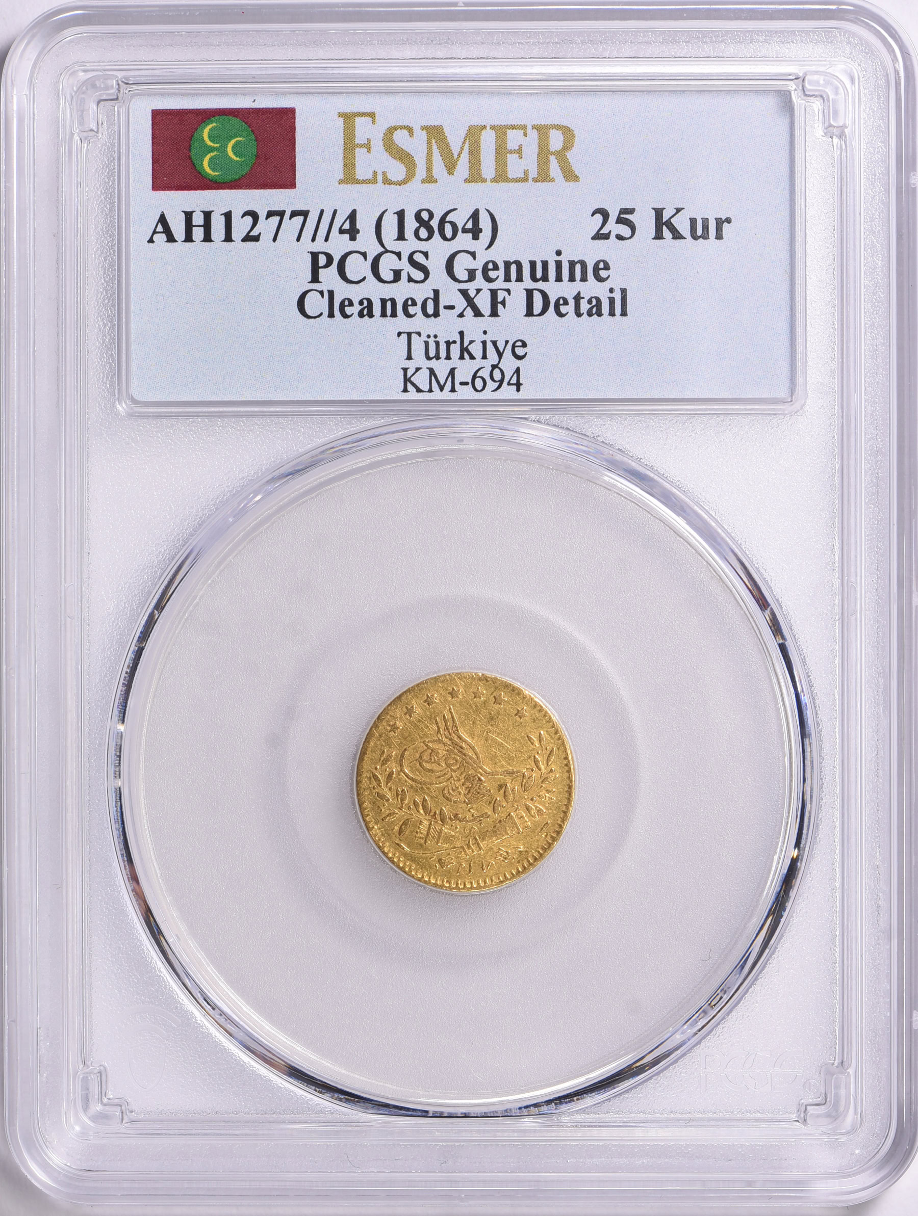 Turkey AH 1277 Year 4 (1864) Gold 25 Kurush KM-694 PCGS Genuine XF ...