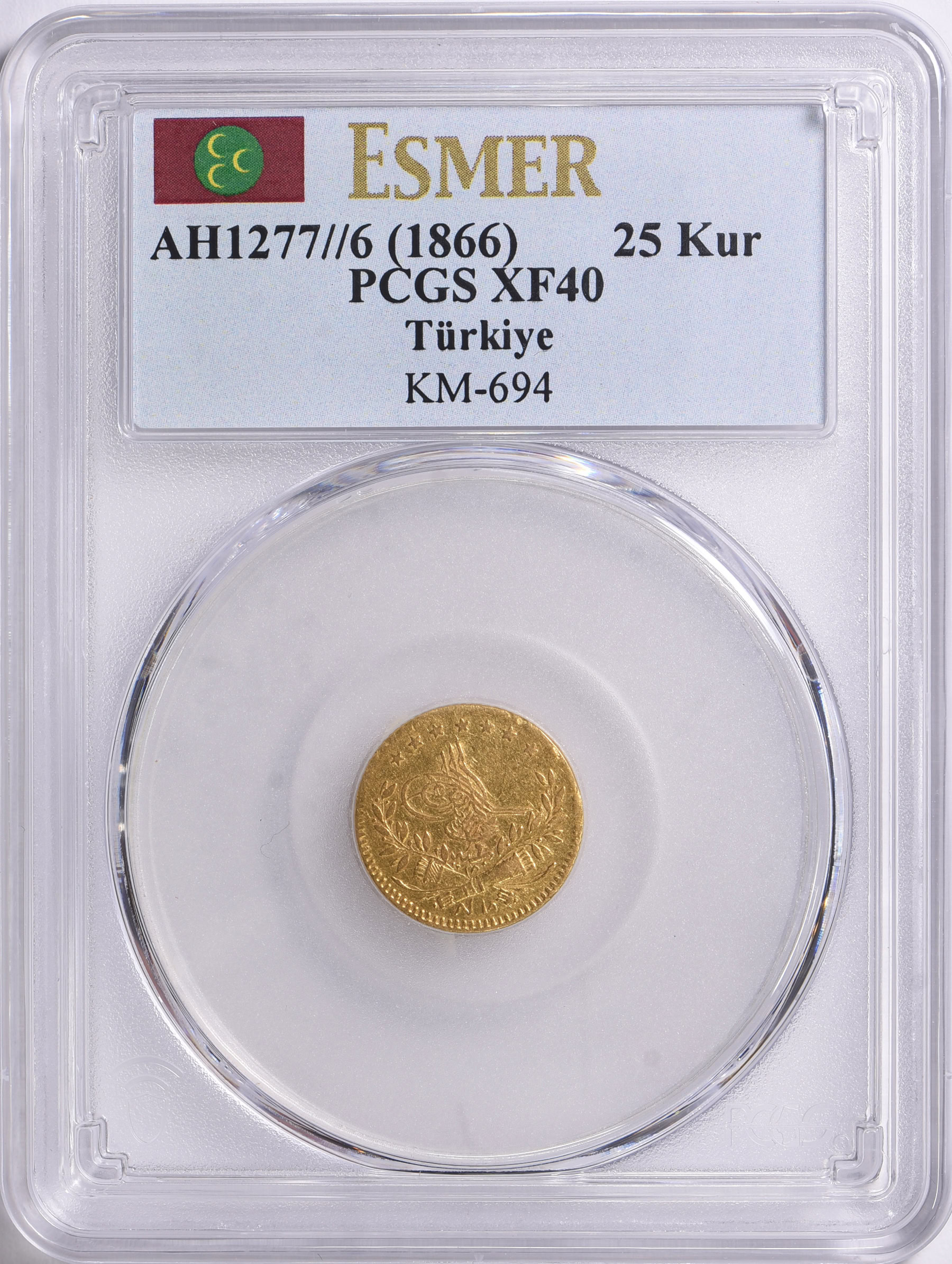 Turkey AH 1277 Year 6 (1866) Gold 25 Kurush KM-694 PCGS XF-40 (AGW = 0. ...