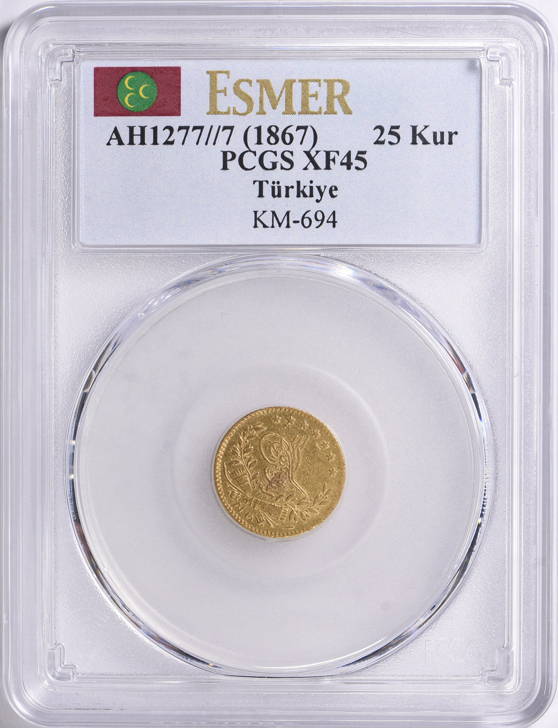 Turkey AH 1277 Year 7 (1867) Gold 25 Kurush KM-694 PCGS XF-45 (AGW = 0. ...
