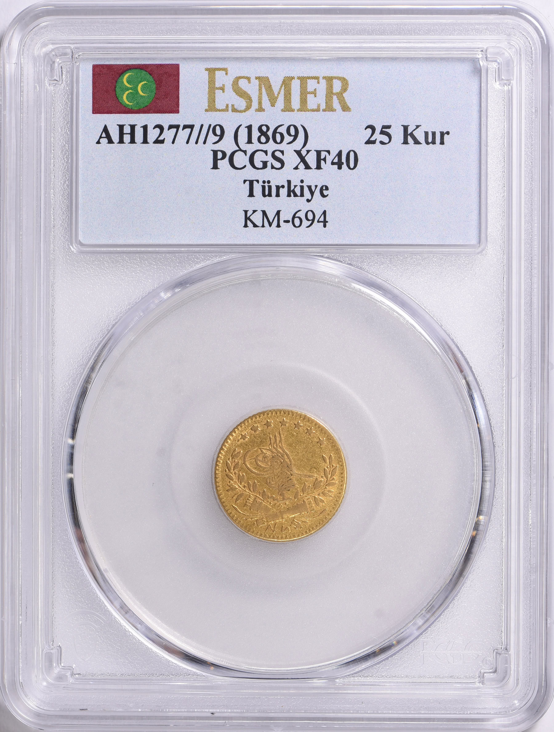 Turkey AH 1277 Year 9 (1869) Gold 25 Kurush KM-694 PCGS XF-40 (AGW = 0. ...