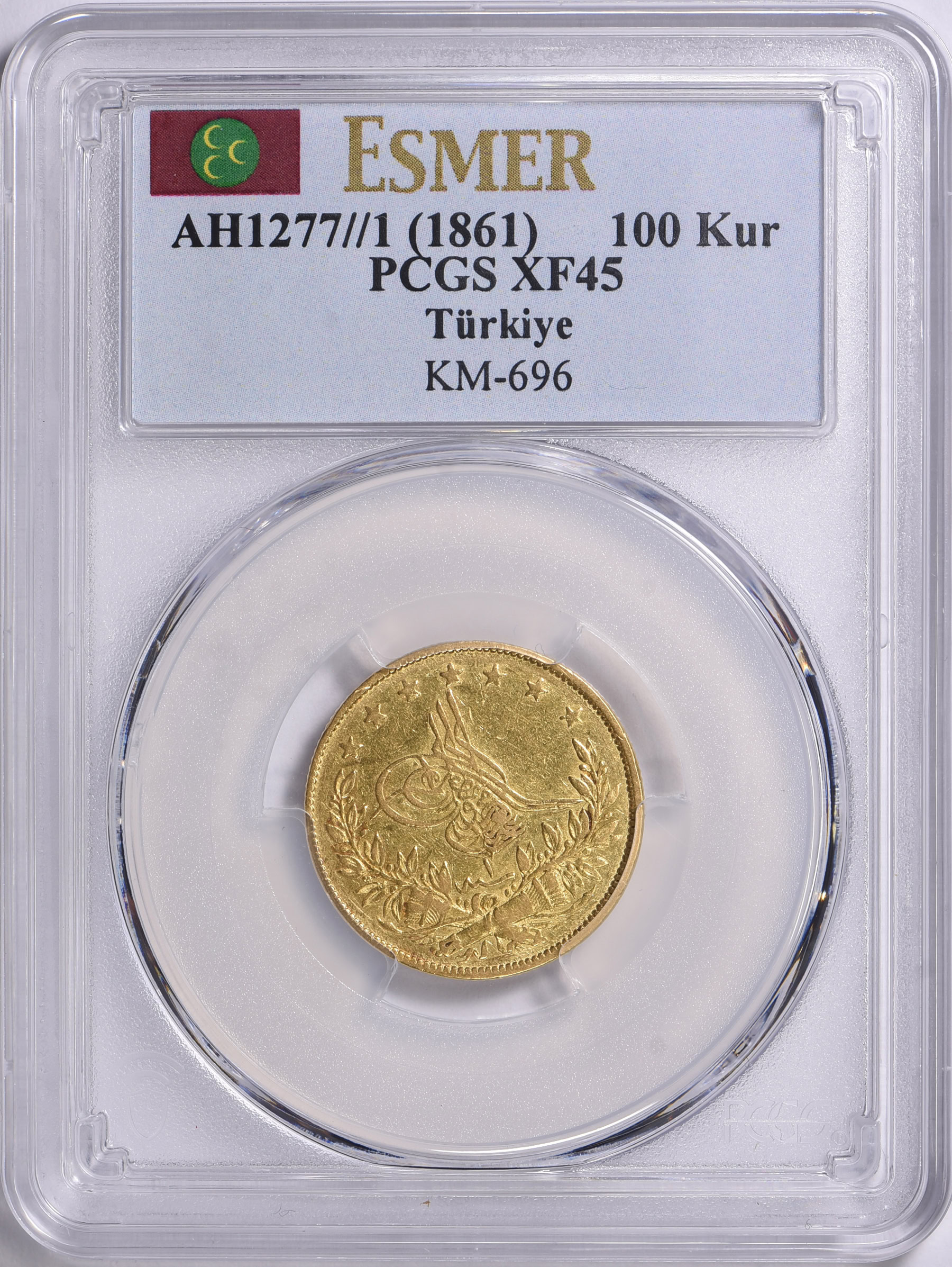 Turkey AH 1277 Year 1 (1861) Gold 100 Kurush KM-696 PCGS XF-45 (AGW = 0 ...