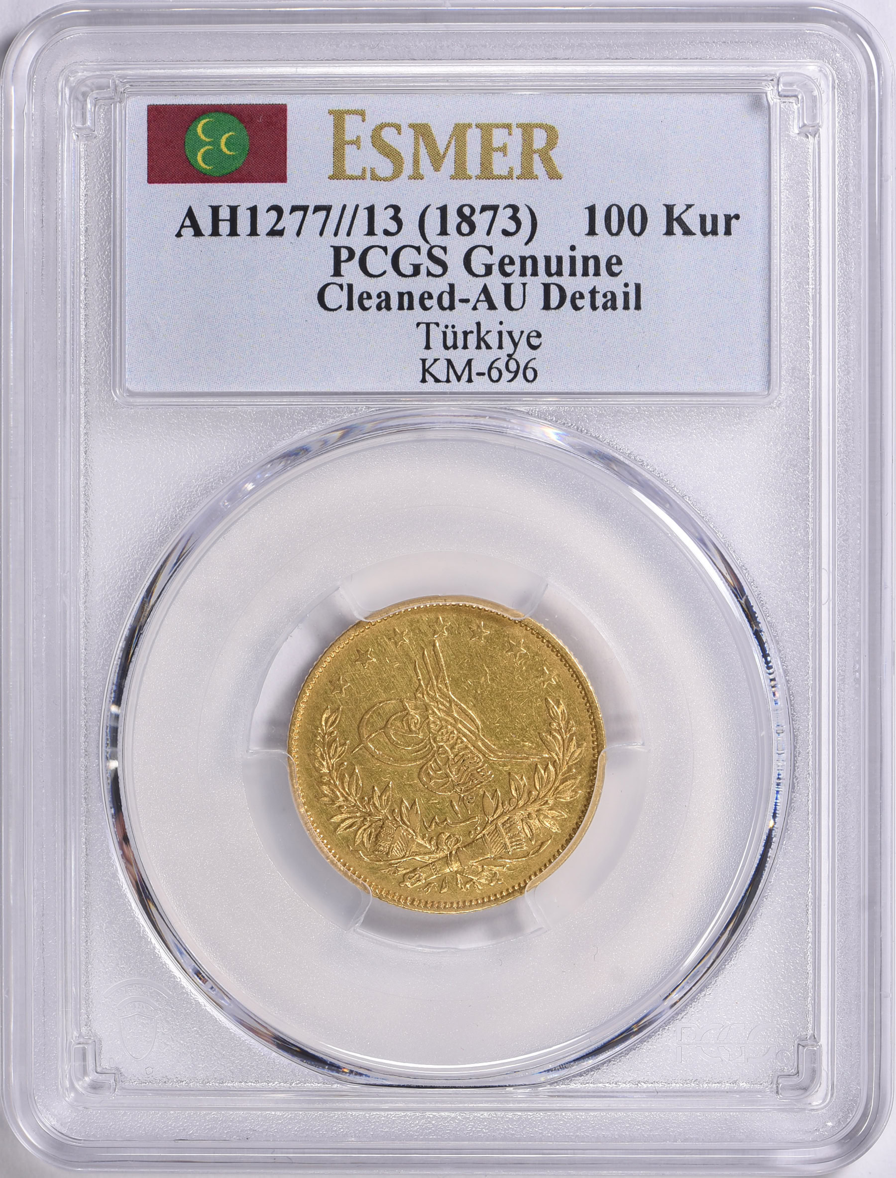 Turkey AH 1277 Year 13 (1873) Gold 100 Kurush KM-696 PCGS Genuine AU ...