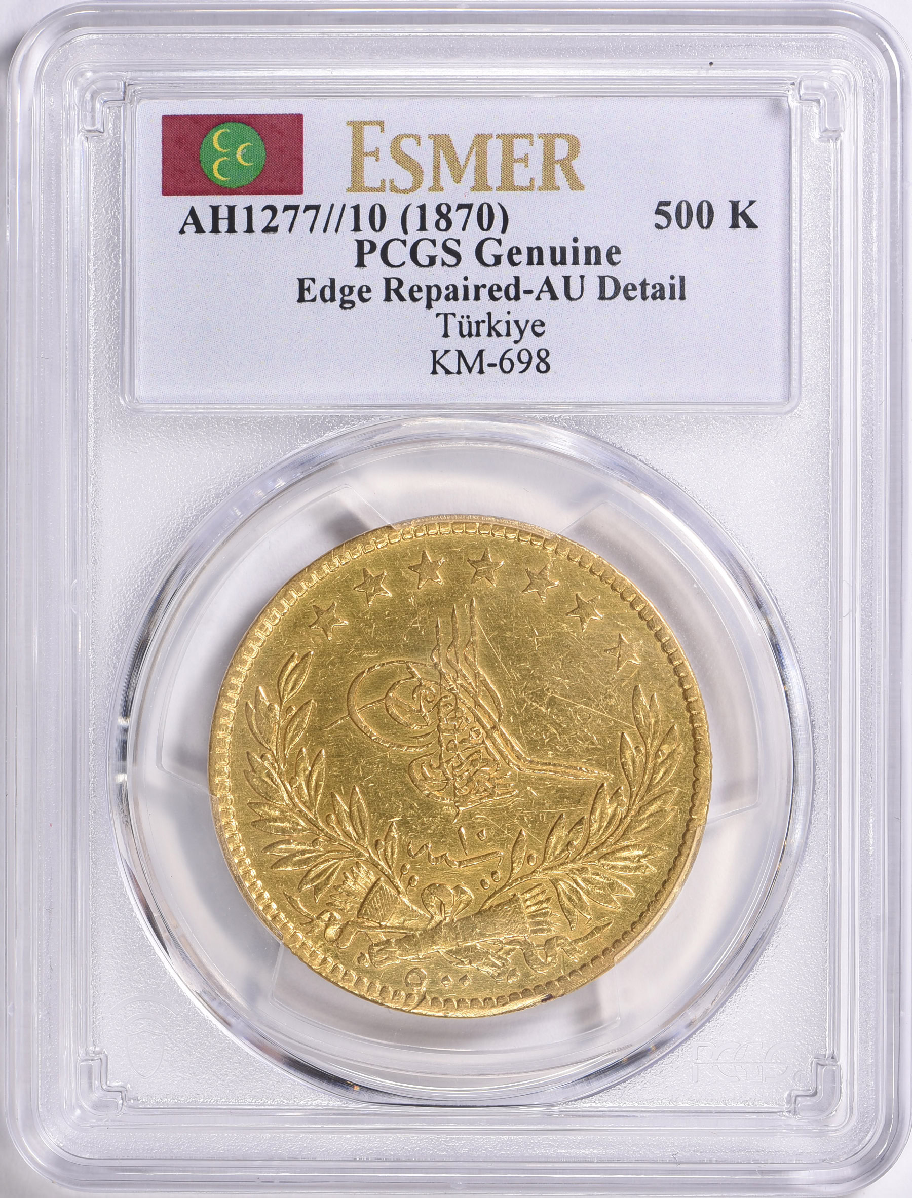 Turkey AH 1277 Year 10 (1870) Gold 500 Kurush KM-698 PCGS Genuine AU ...
