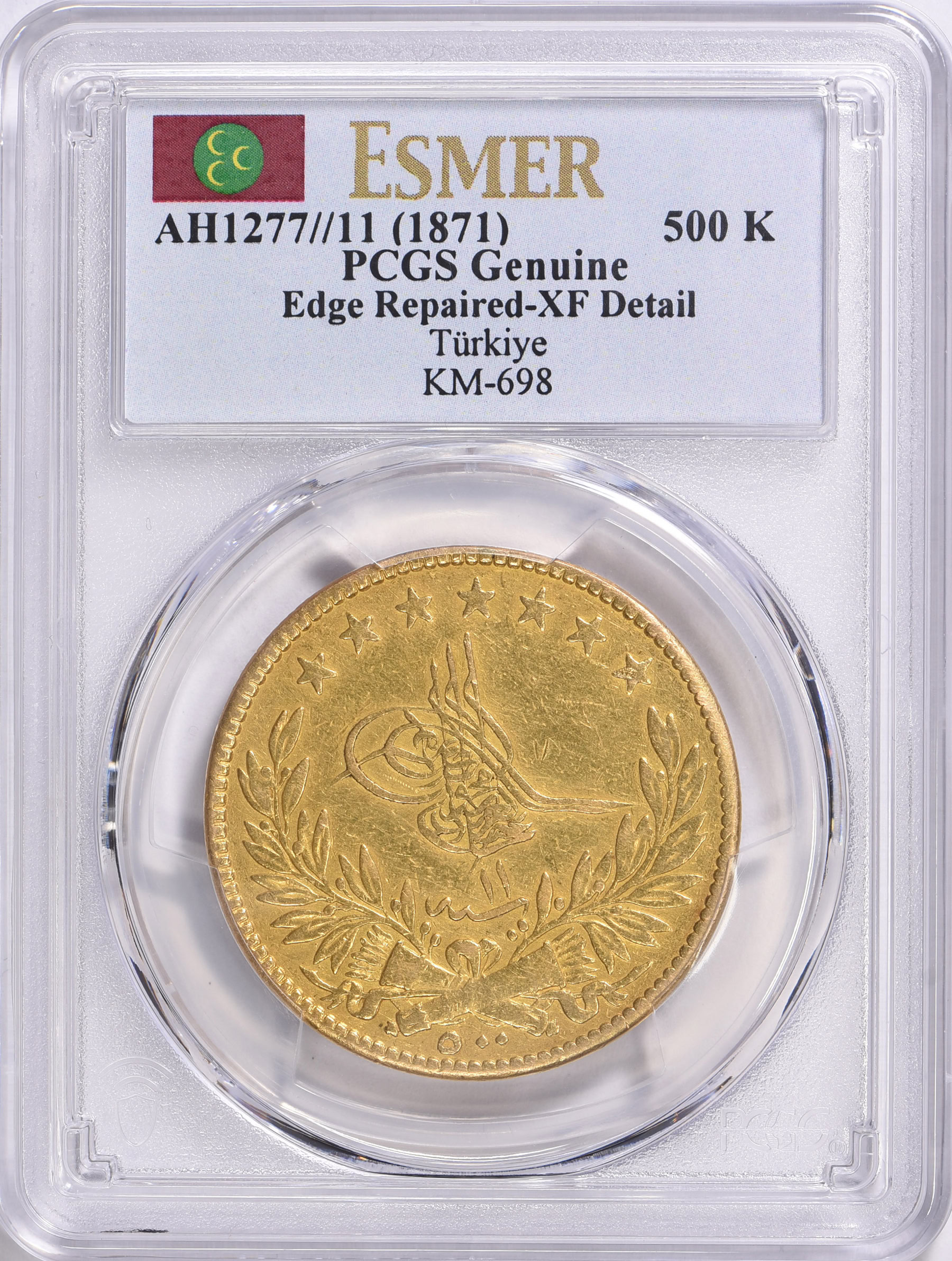 Turkey AH 1277 Year 11 (1871) Gold 500 Kurush KM-698 PCGS Genuine XF ...