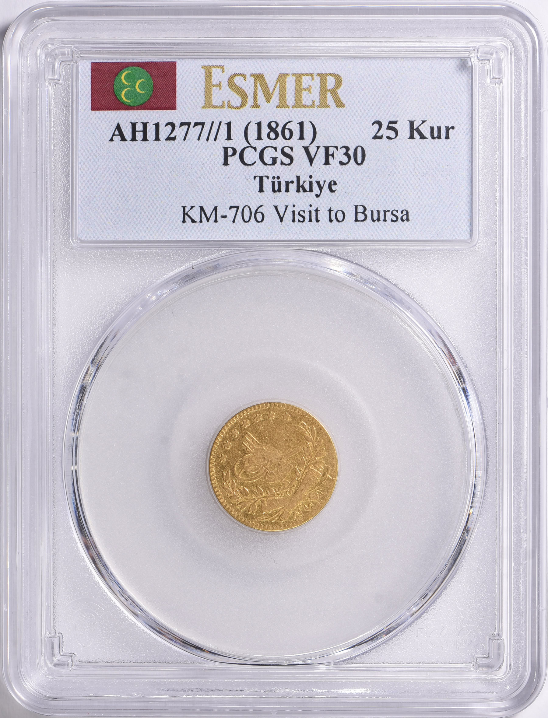 Turkey AH 1277 Year 1 (1861) Gold 25 Kurush Visit to Bursa KM-706 PCGS ...