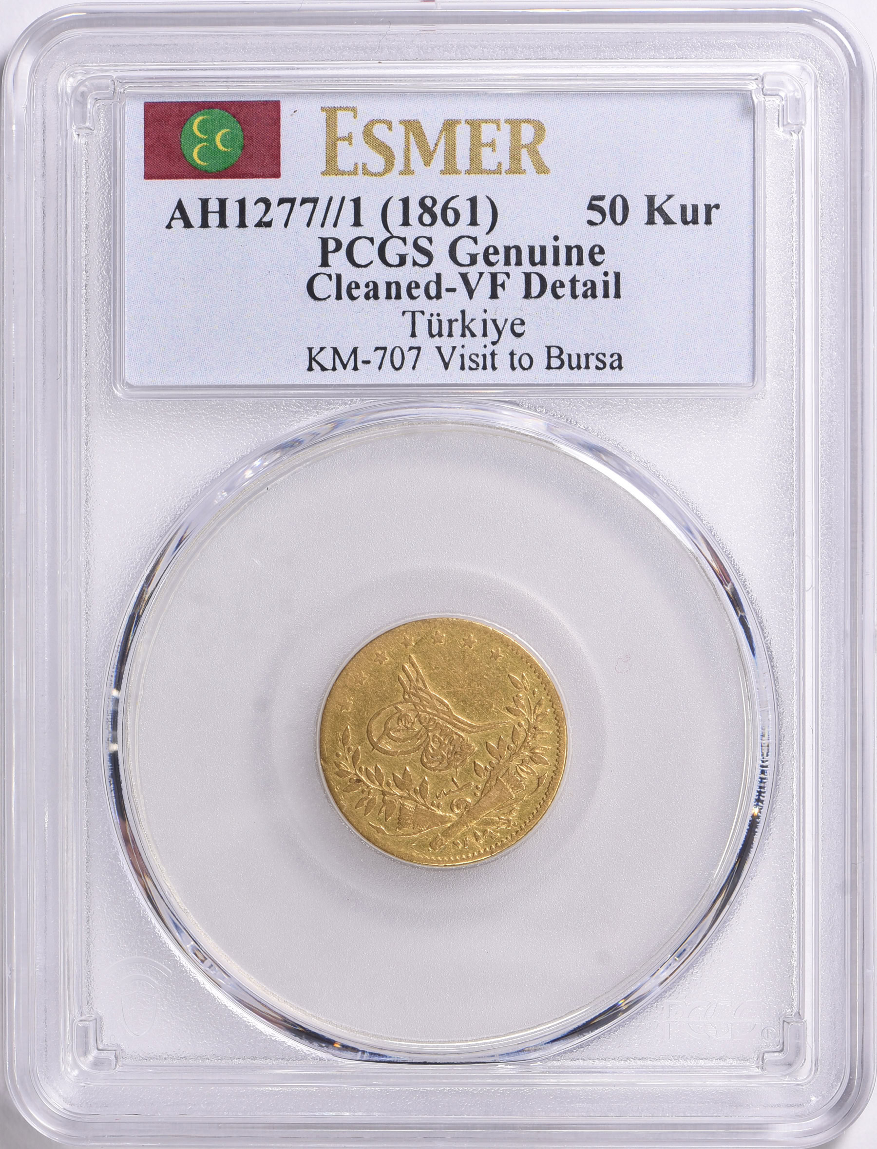 Turkey AH 1277 Year 1 (1861) Gold 50 Kurush Visit to Bursa KM-707 PCGS ...