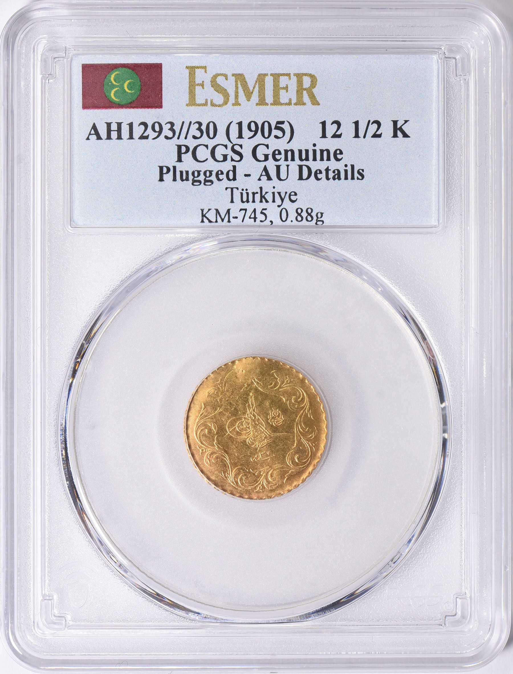 Turkey AH 1293 Year 30 (1905) Gold 12 1/2 Kurush KM-745 PCGS Genuine AU ...