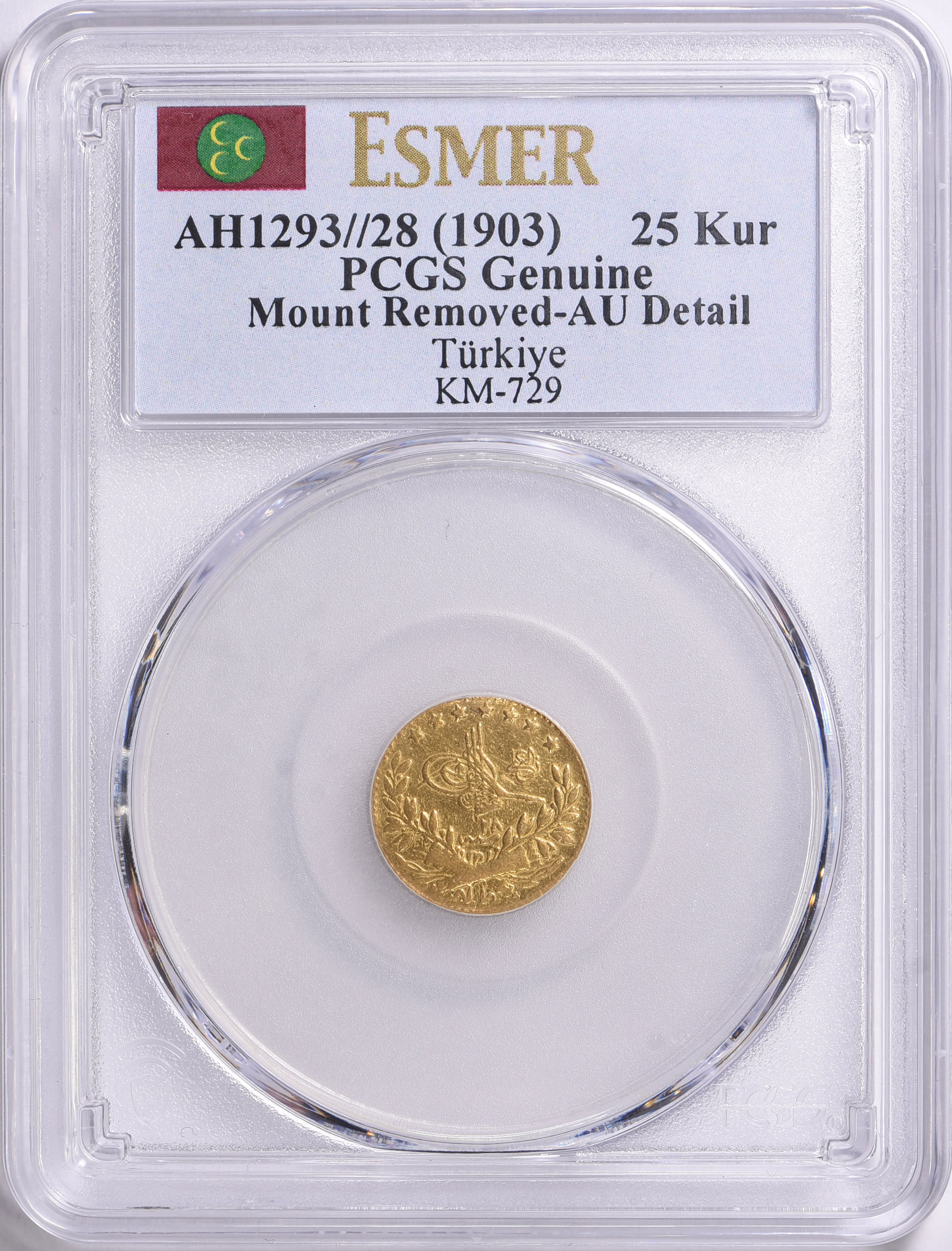 Turkey AH 1293 Year 28 (1903) Gold 25 Kurush KM-729 PCGS Genuine AU ...