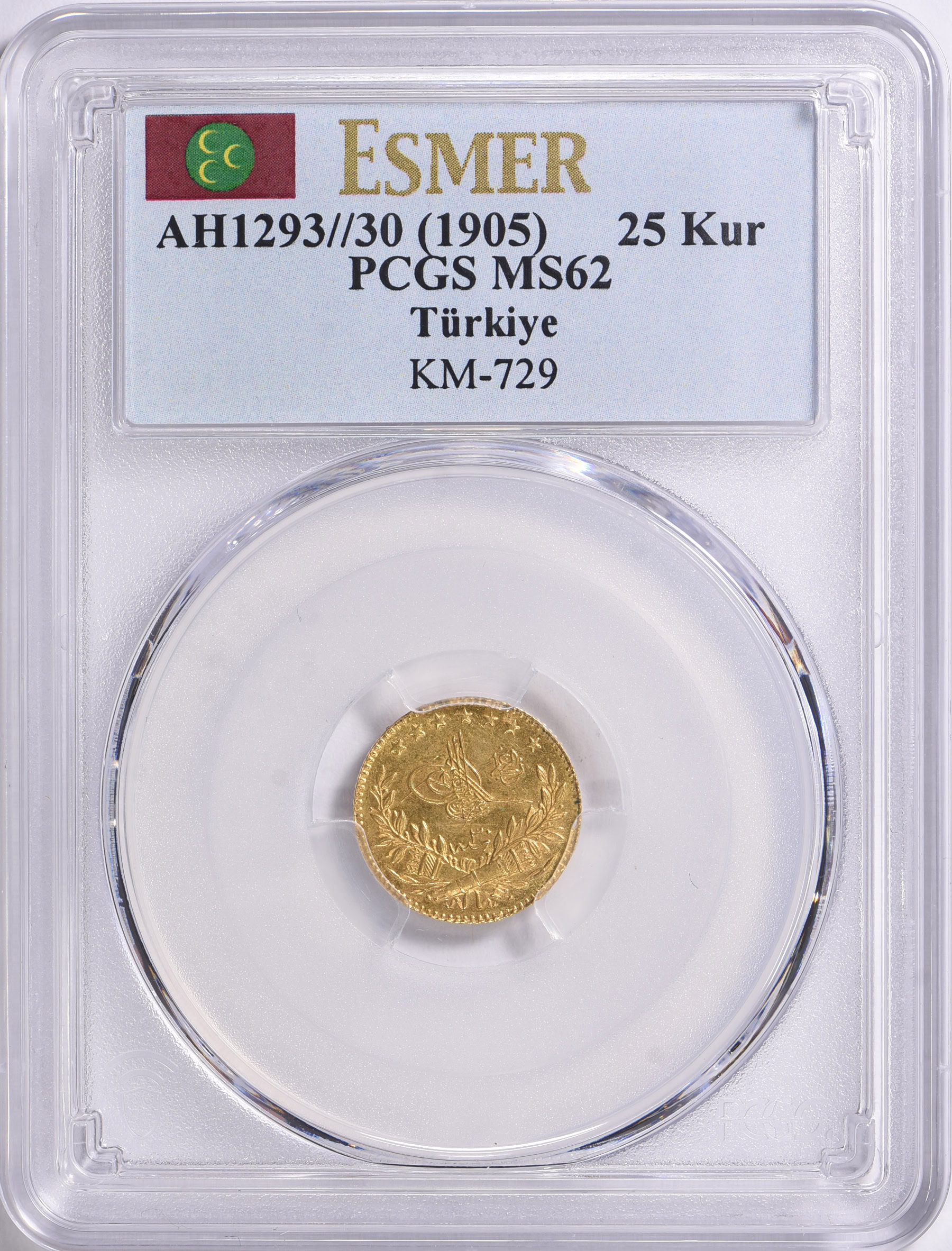 Turkey AH 1293 Year 30 (1905) Gold 25 Kurush KM-729 PCGS MS-62 (AGW = 0 ...
