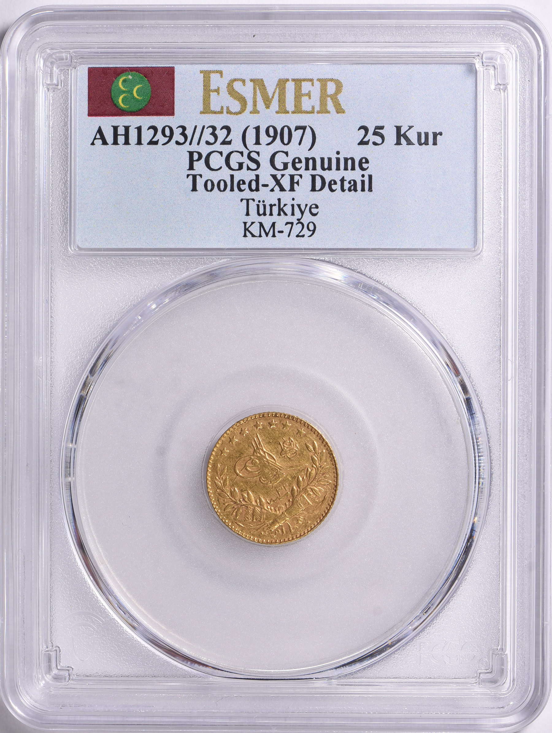 Turkey AH 1293 Year 32 (1907) Gold 25 Kurush KM-729 PCGS Genuine XF ...