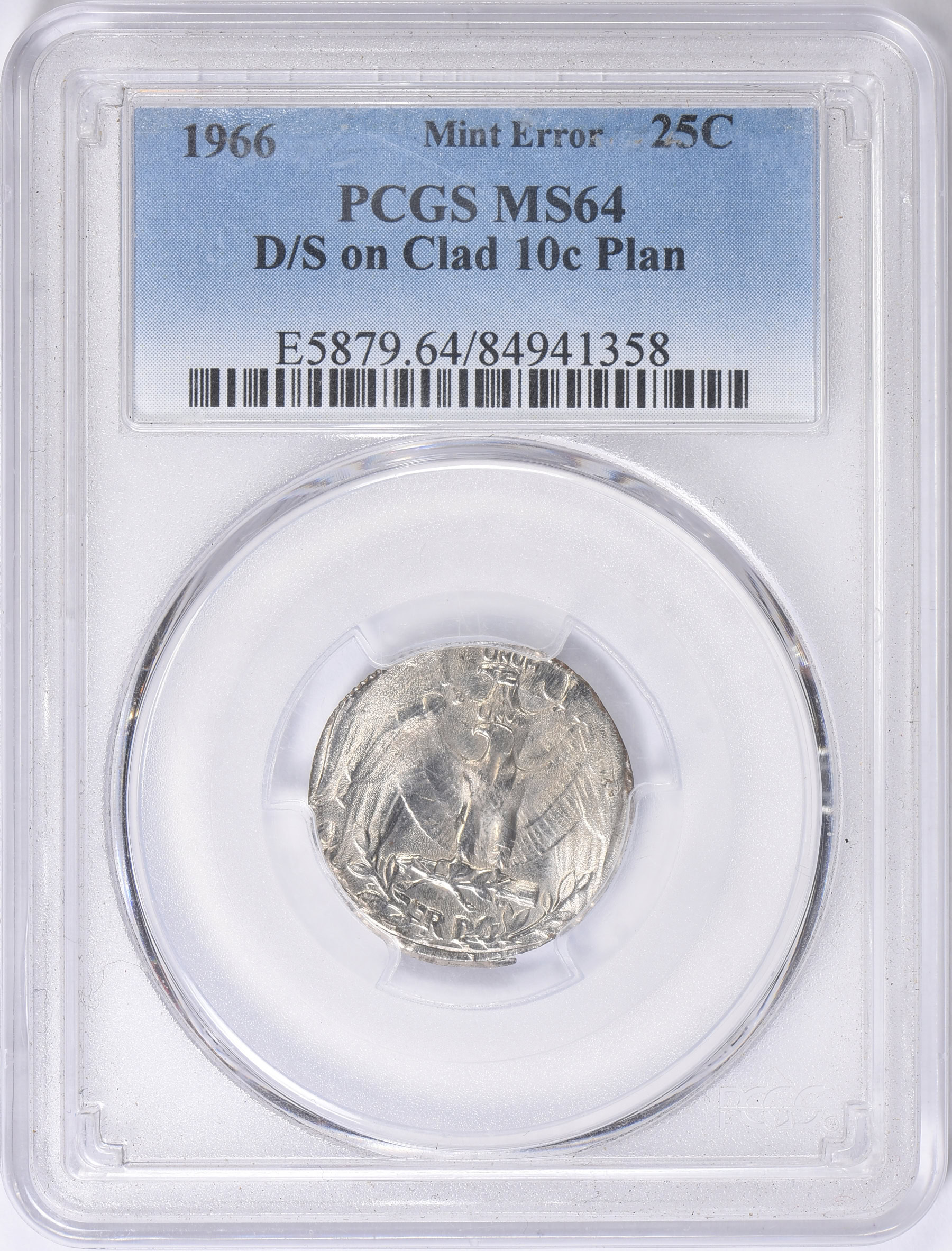 Mint Error 1966 Washington Quarter D/S on Clad 10c Planchet PCGS MS-64 ...