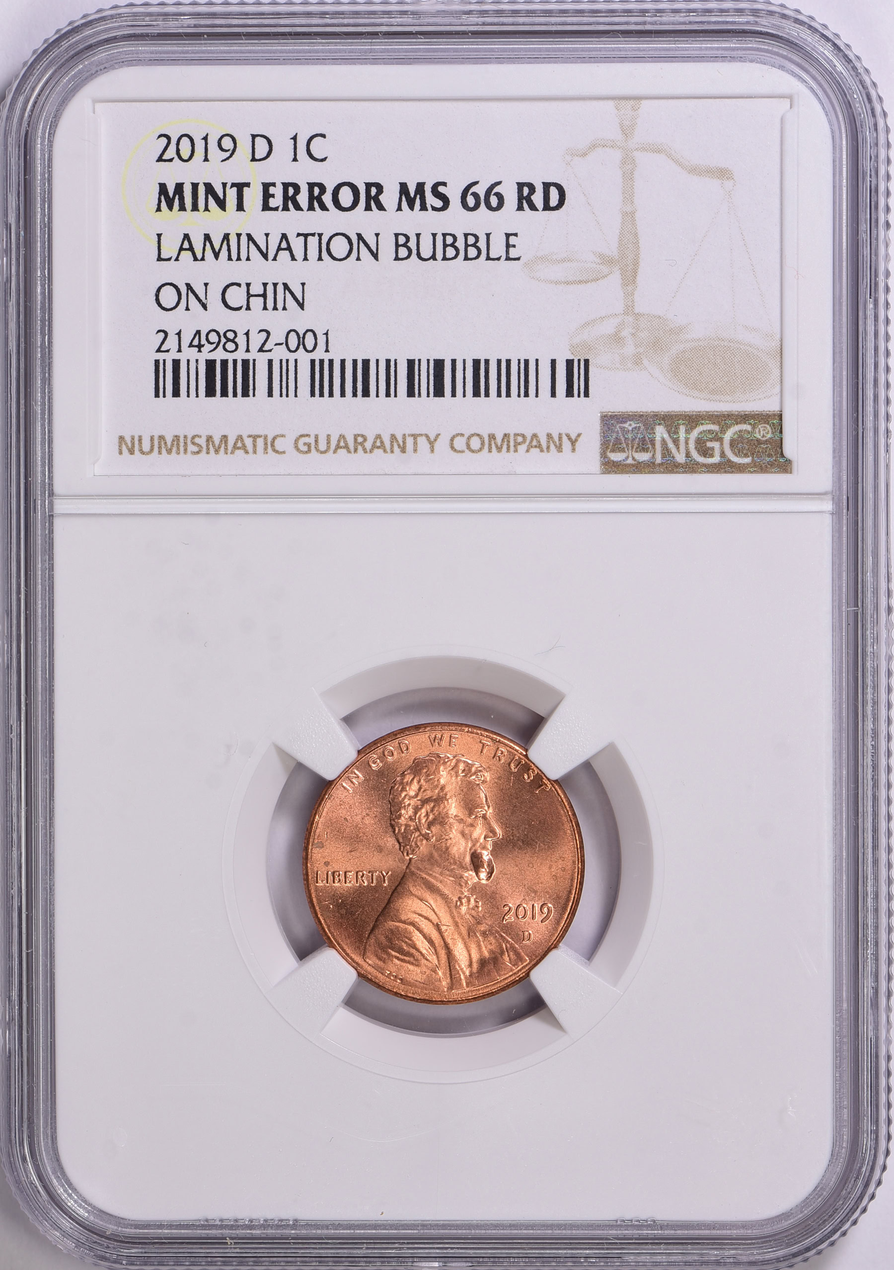 Mint Error 2019-D Lincoln Cent Lamination Bubble on Chin NGC MS-66 RD ...
