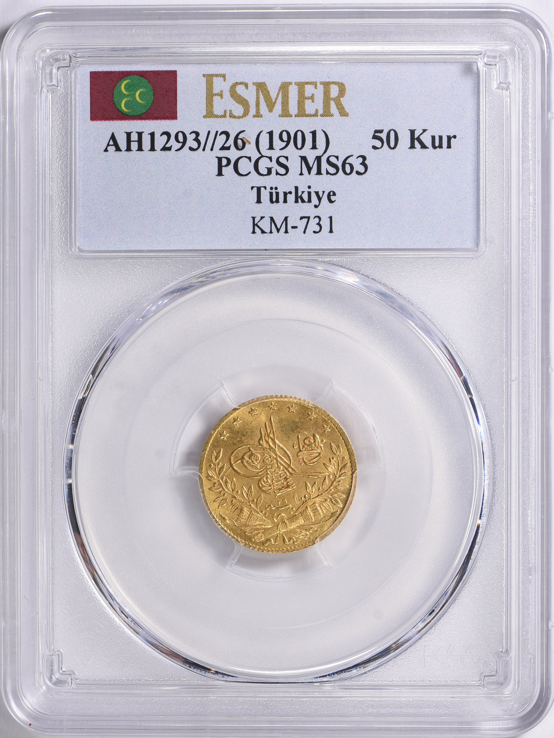 Turkey AH 1293 Year 26 (1901) Gold 50 Kurush KM-731 PCGS MS-63 (AGW = 0 ...