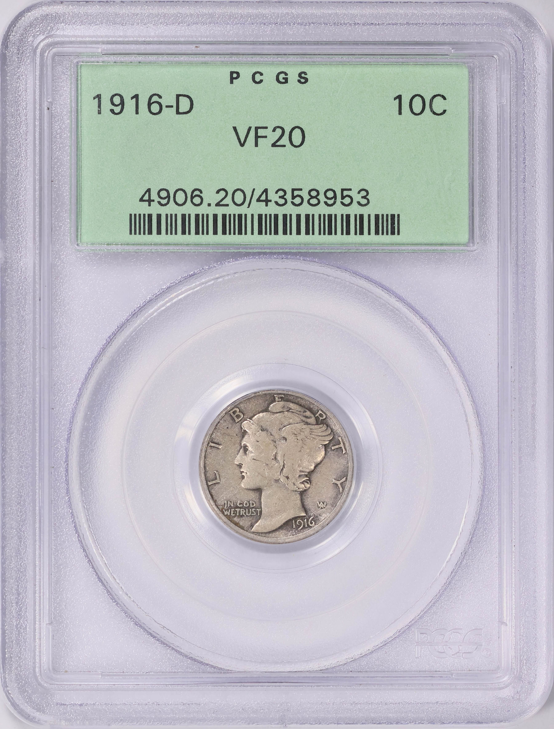 1916-D Mercury Dime PCGS VF-20 OGH (Item 1682868) | GreatCollections Coin Auctions