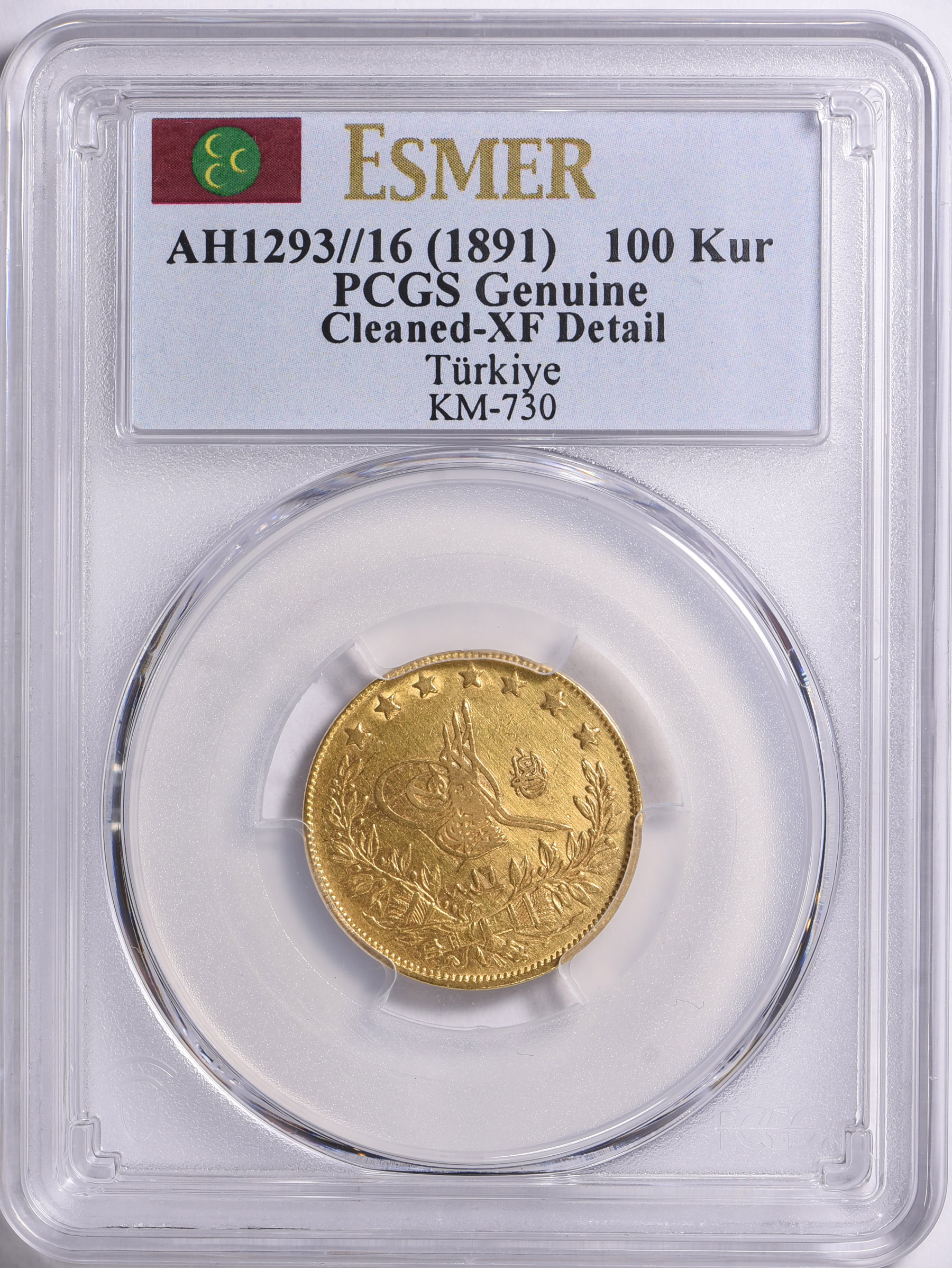 Turkey AH 1293 Year 16 (1891) Gold 100 Kurush KM-730 PCGS Genuine XF ...
