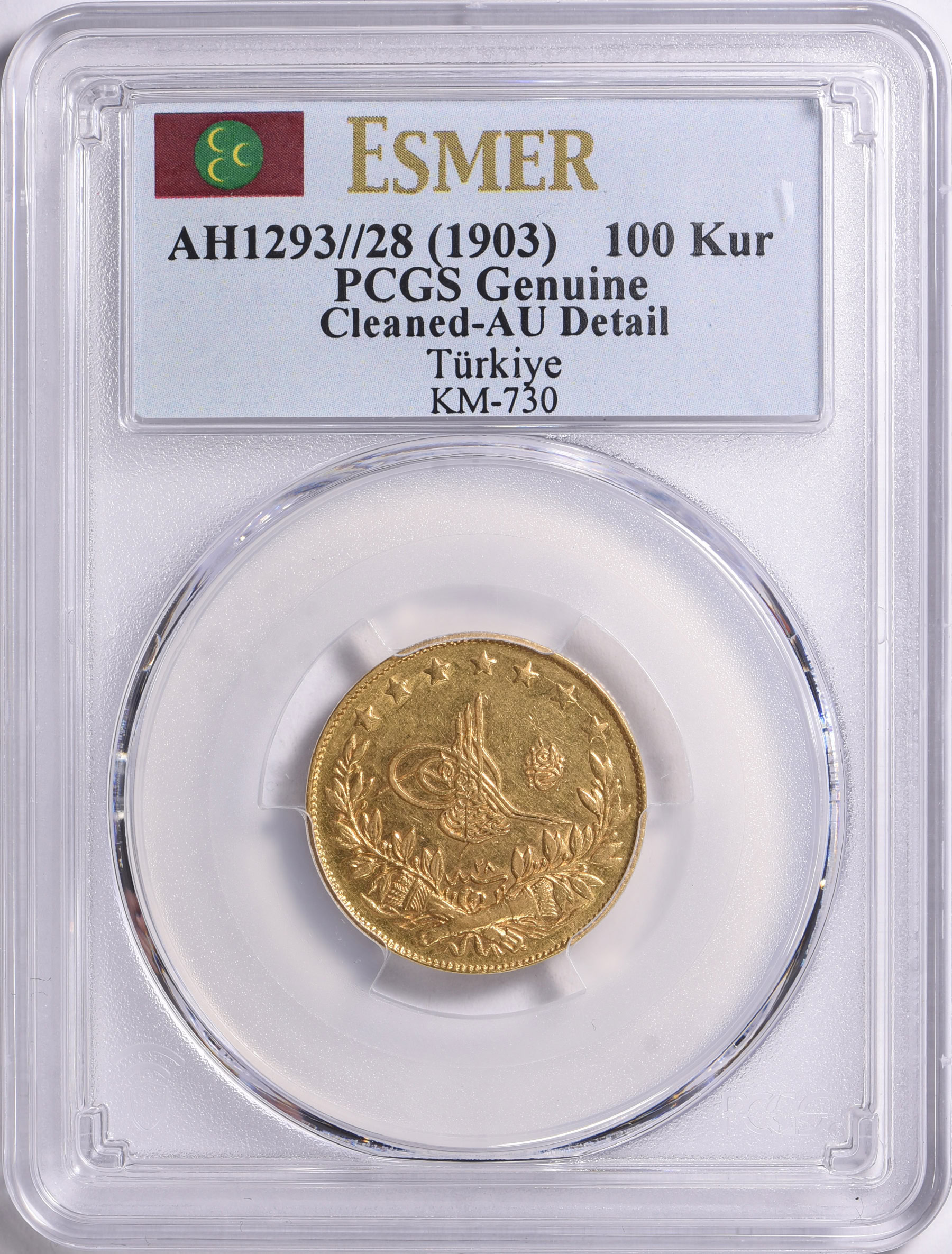 Turkey AH 1293 Year 28 (1903) Gold 100 Kurush KM-730 PCGS Genuine AU ...