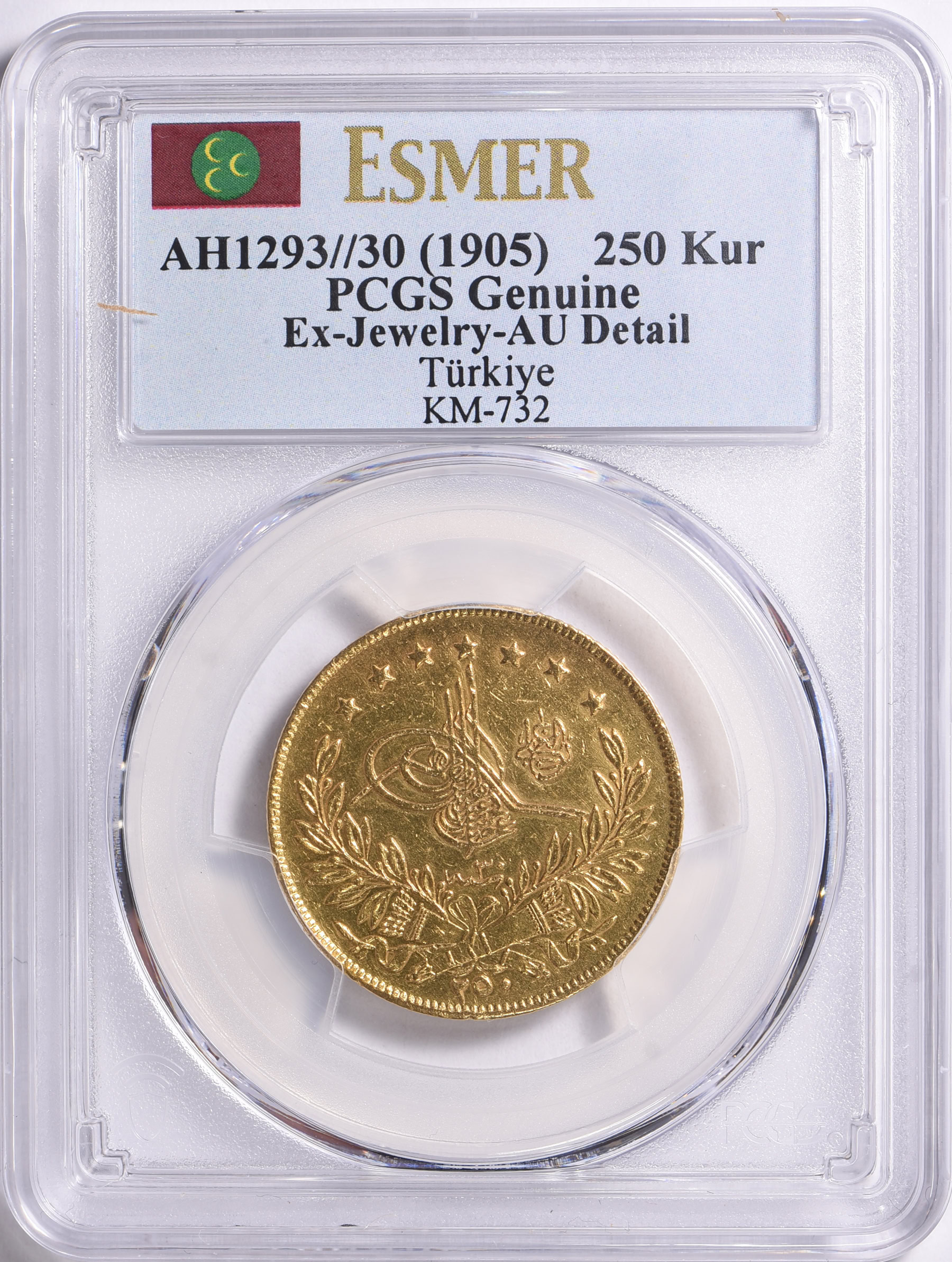 Turkey AH 1293 Year 30 (1905) Gold 250 Kurush KM-732 PCGS Genuine AU ...