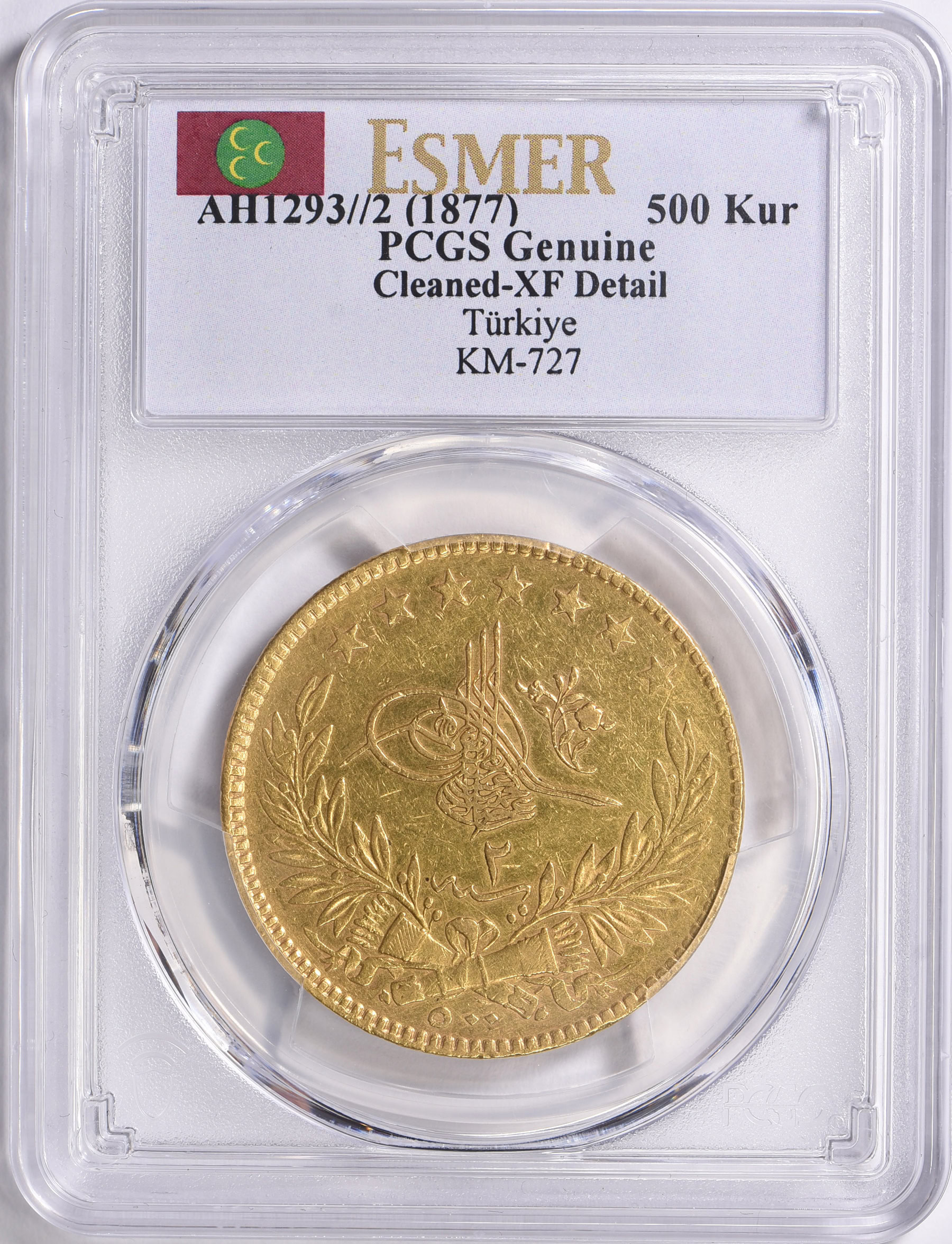 Turkey AH 1293 Year 2 (1877) Gold 500 Kurush KM-727 PCGS Genuine XF ...