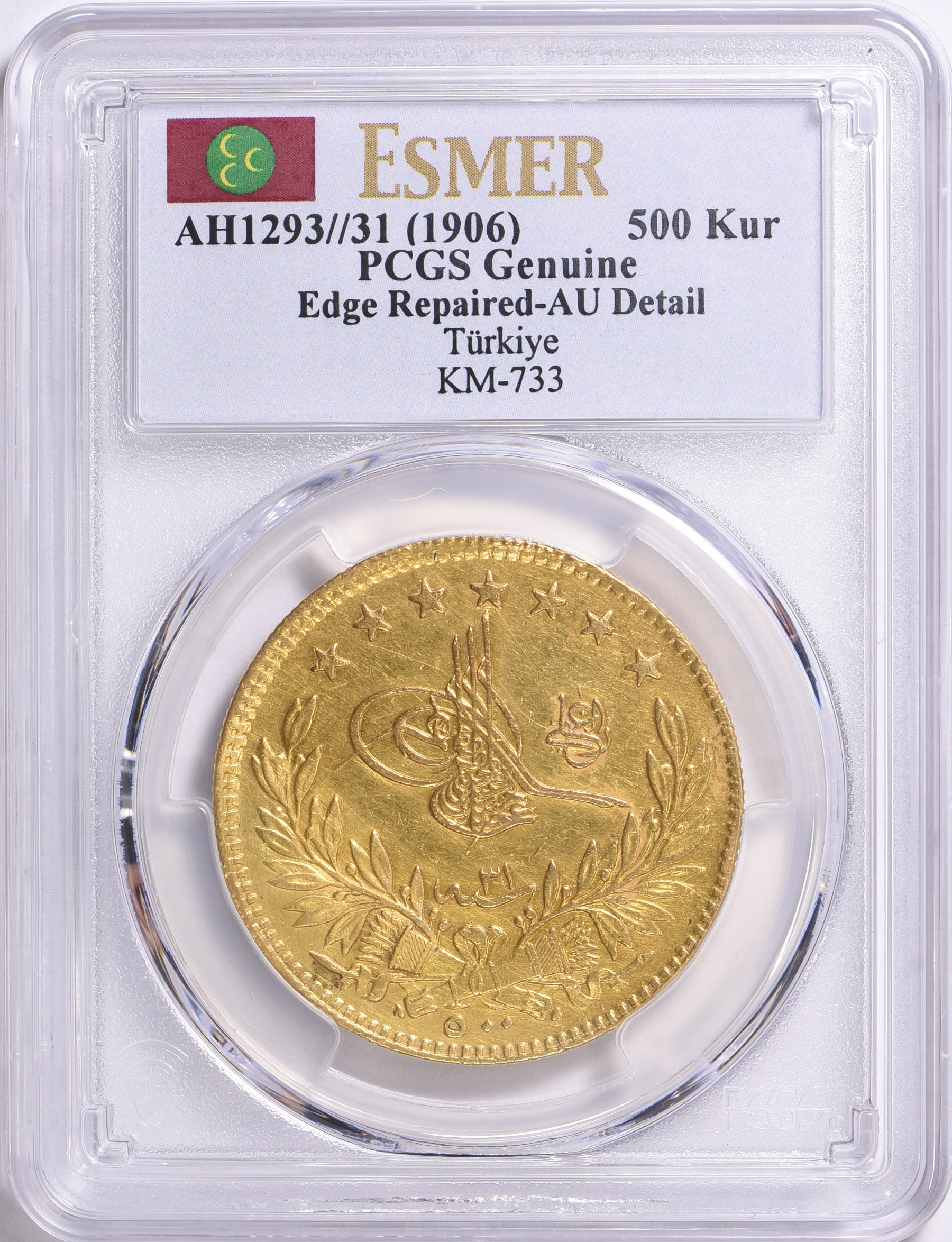 Turkey AH 1293 Year 31 (1906) Gold 500 Kurush KM-733 PCGS Genuine AU ...