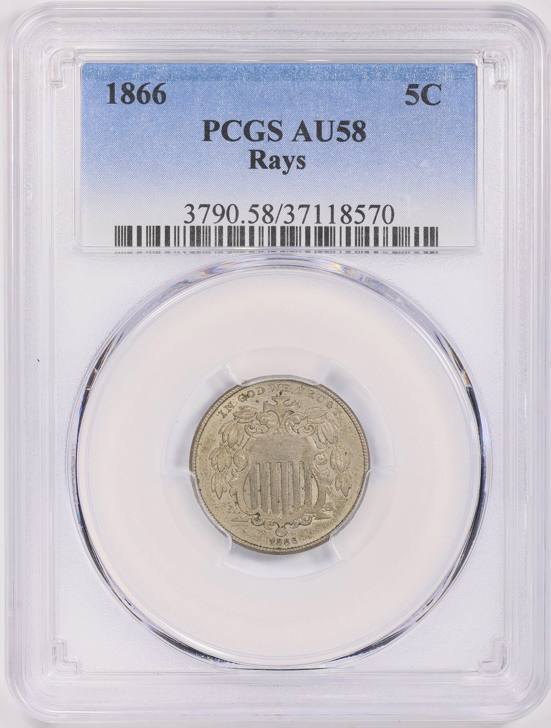 1866 Shield Nickel Rays PCGS AU-58 (Item 1683130) | GreatCollections Coin Auctions