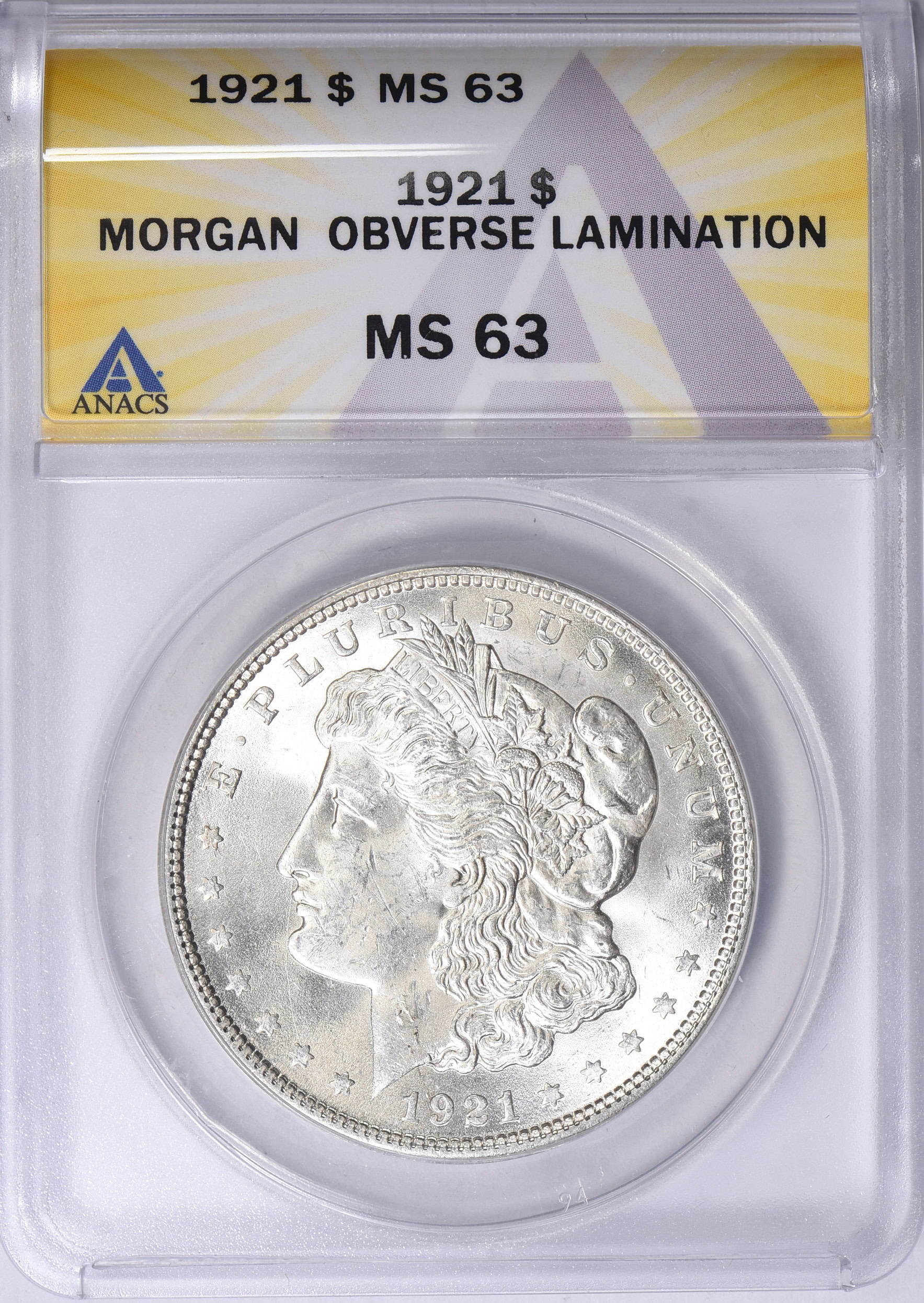 Mint Error 1921 Morgan Silver Dollar Obverse Lamination ANACS MS-63 ...