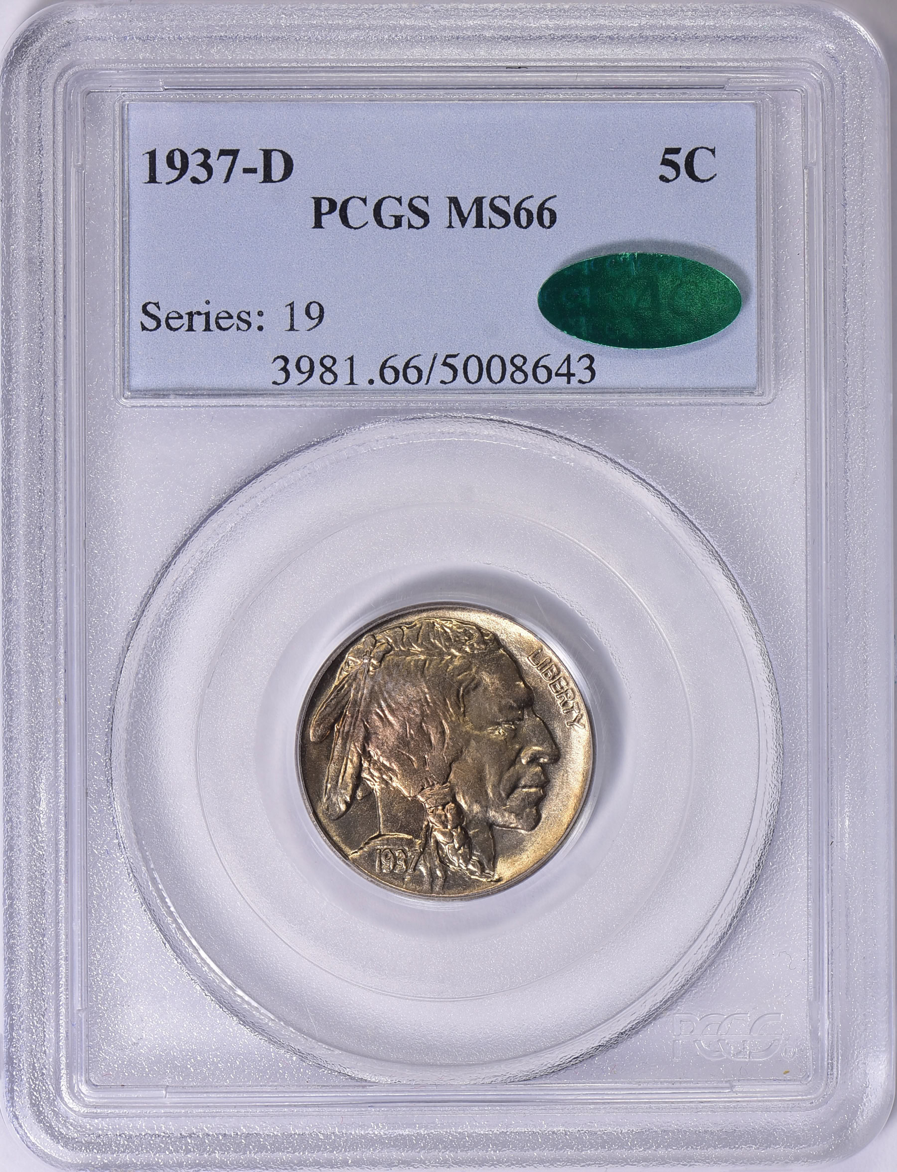 1937-D Buffalo Nickel PCGS MS-66 (CAC Green) (Item 1683253) | GreatCollections Coin Auctions