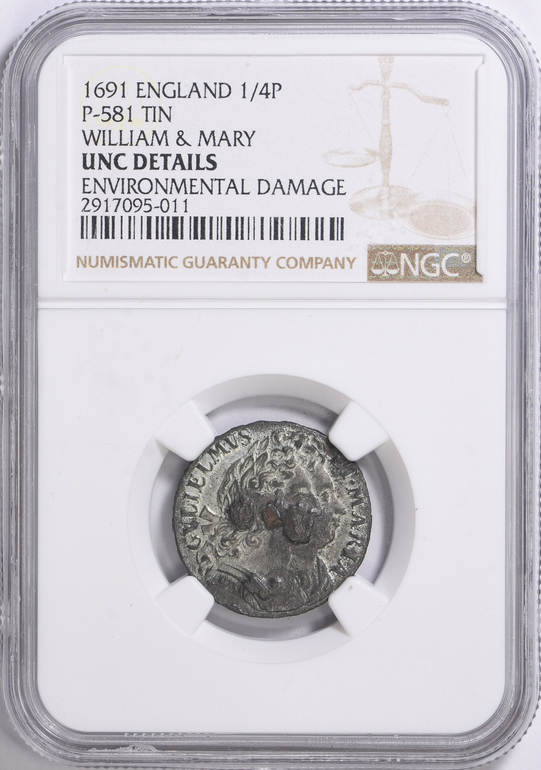 Great Britain 1691 Farthing Tin With Copper Plug KM-466.1 NGC Unc ...