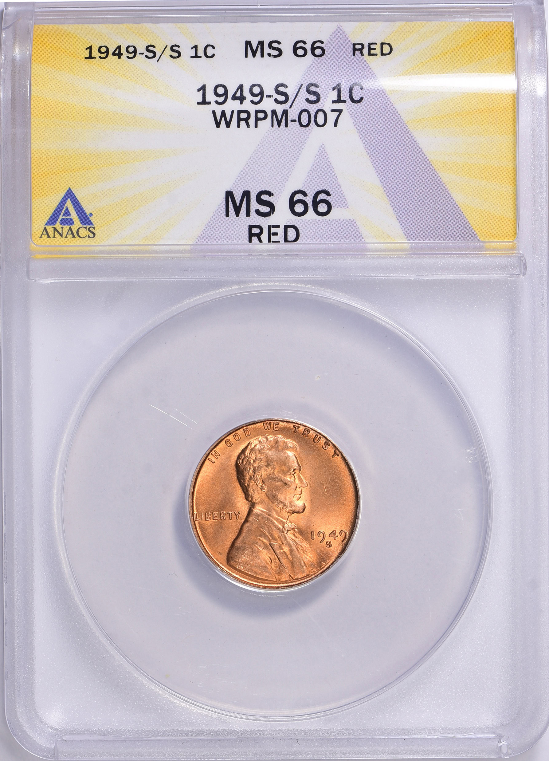 1949-S/S Lincoln Cent WRPM-007 ANACS MS-66 RD (Item 1683433) | GreatCollections Coin Auctions