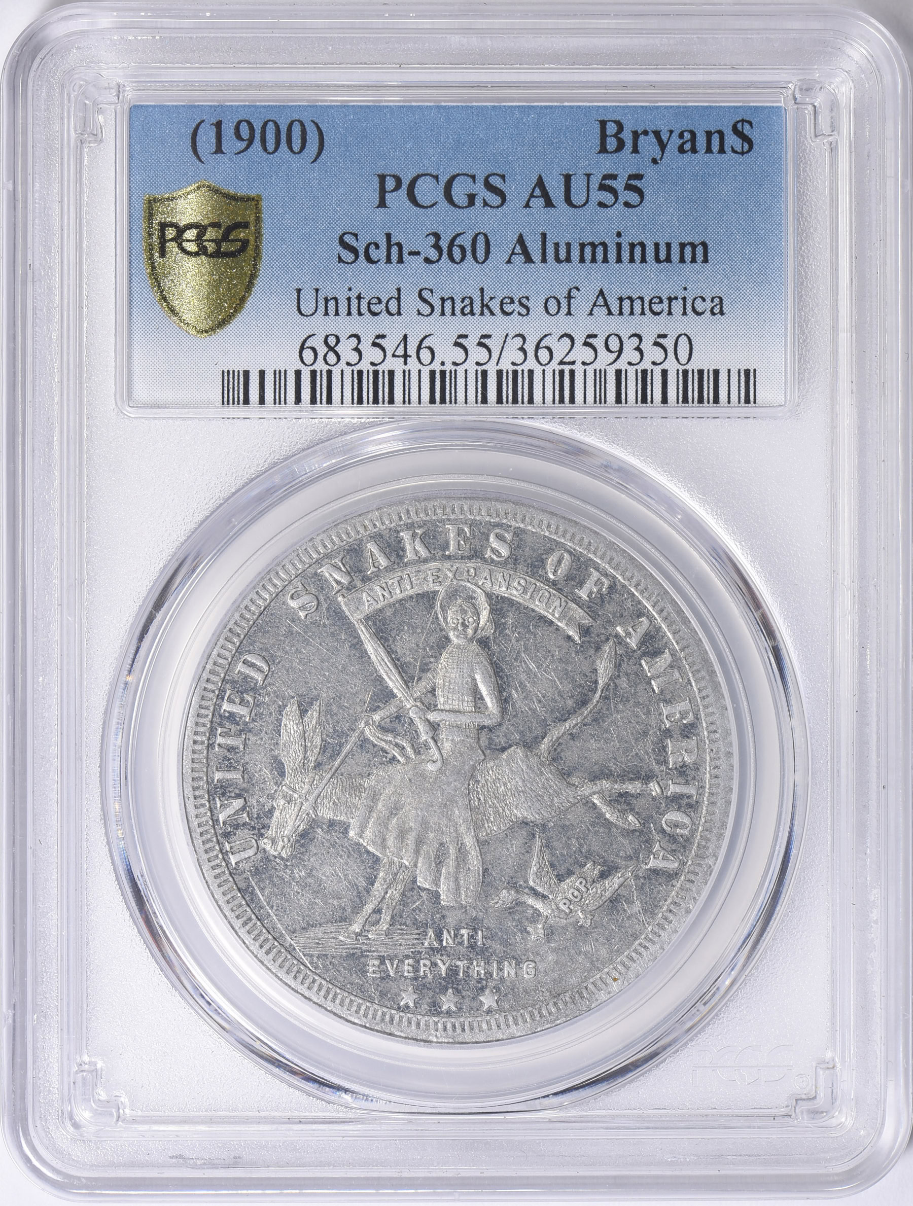 (1900) Aluminum United Snakes of America Bryan Dollar Sch-360 PCGS AU ...