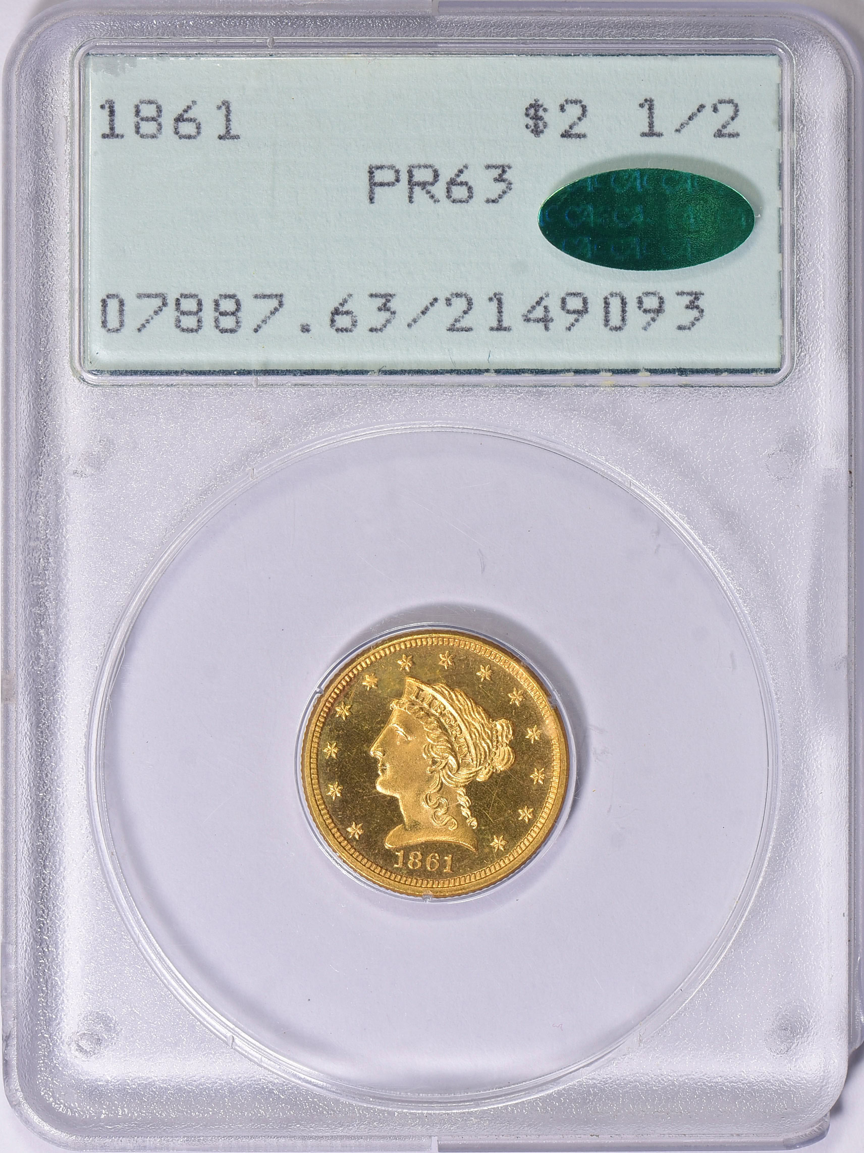 1861 Liberty Gold Quarter Eagle PCGS Proof-63 (CAC Green) OGH (1st Gen) (Item 1683540 ...